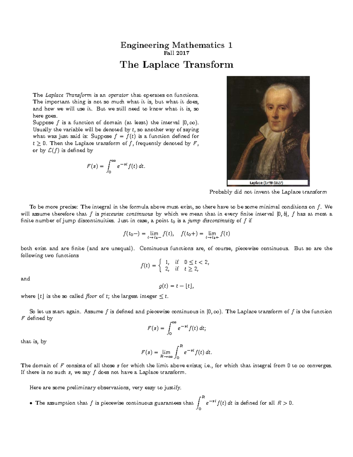 The Laplace Transform - Engineering Mathematics 1 Fall 2017 The Laplace ...