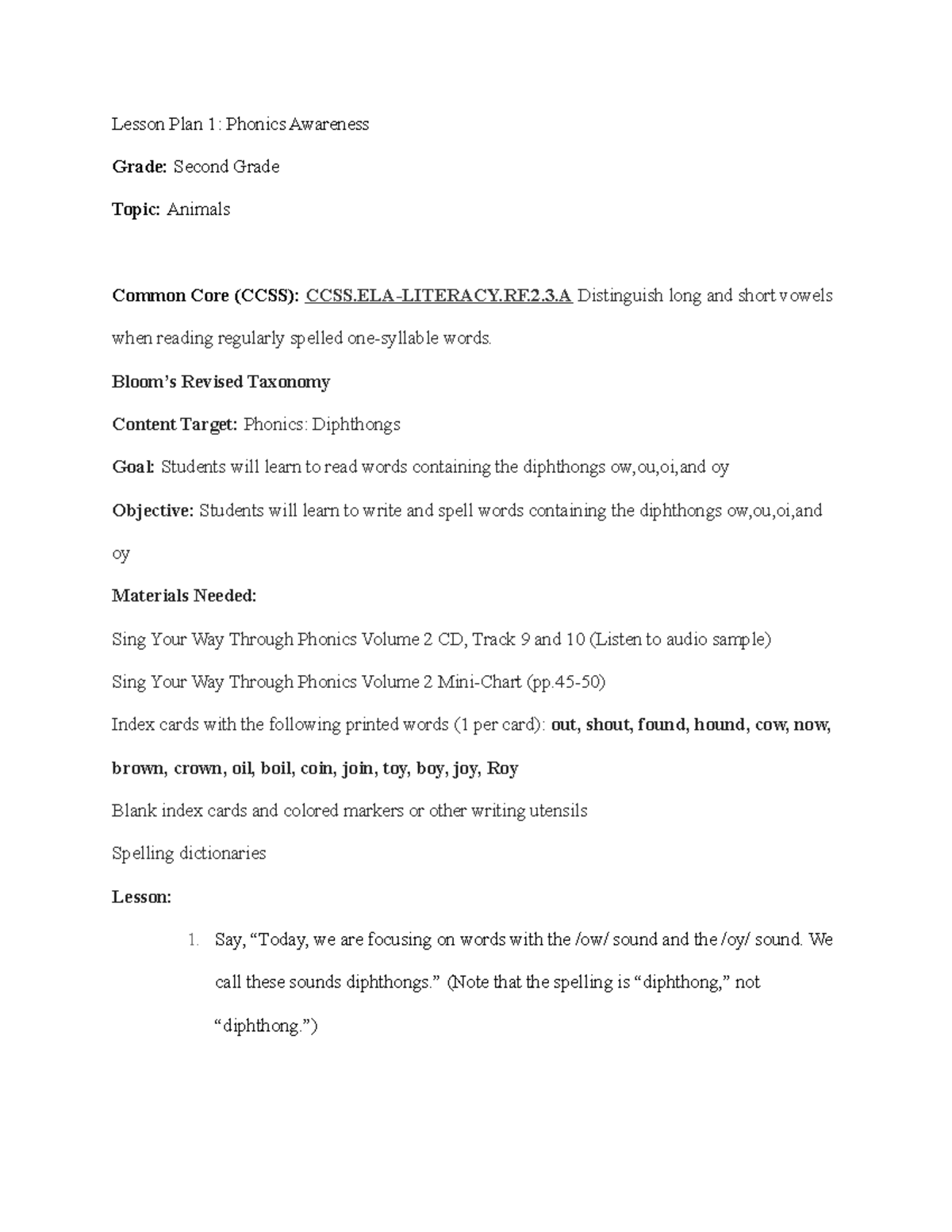 Lesson Plan 1- Phonics - ELA-LITERACY.RF.2.3 Distinguish long and short ...