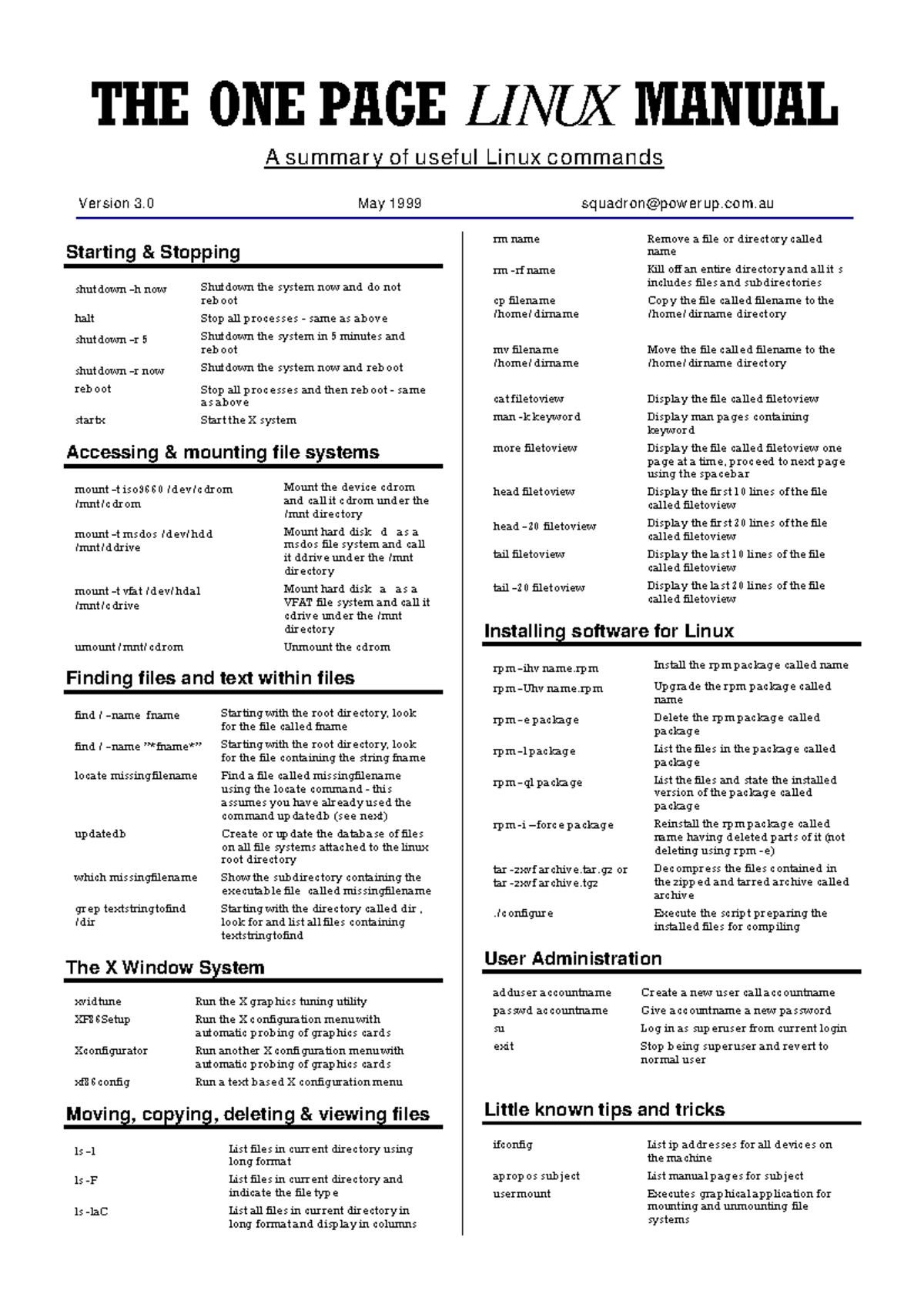 The one page linux manual - THE ONE PAGE LI NUX MANUAL A summary of ...
