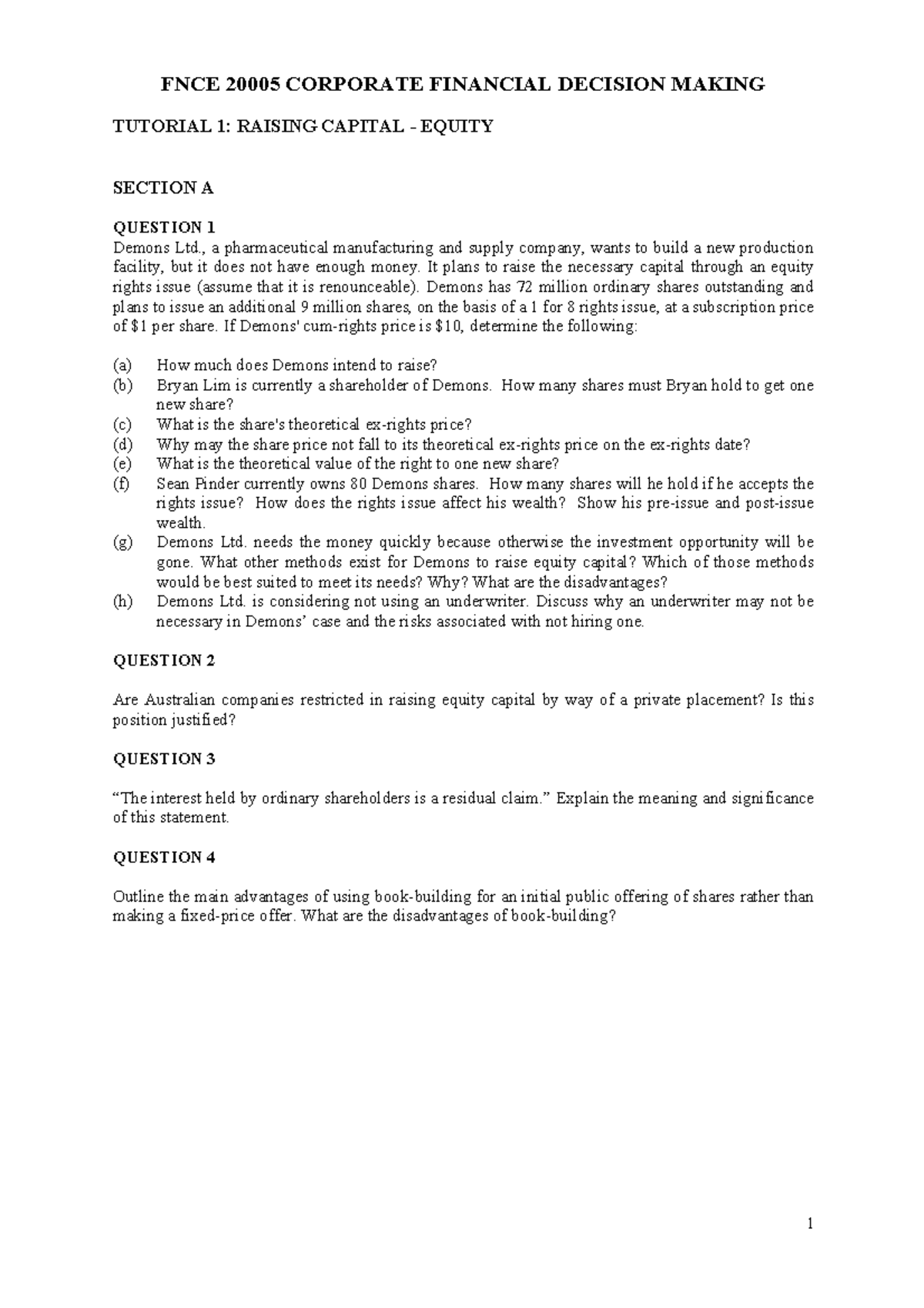 Tute 1 2023 - tutorial 1 work - 1 FNCE 20005 CORPORATE FINANCIAL ...
