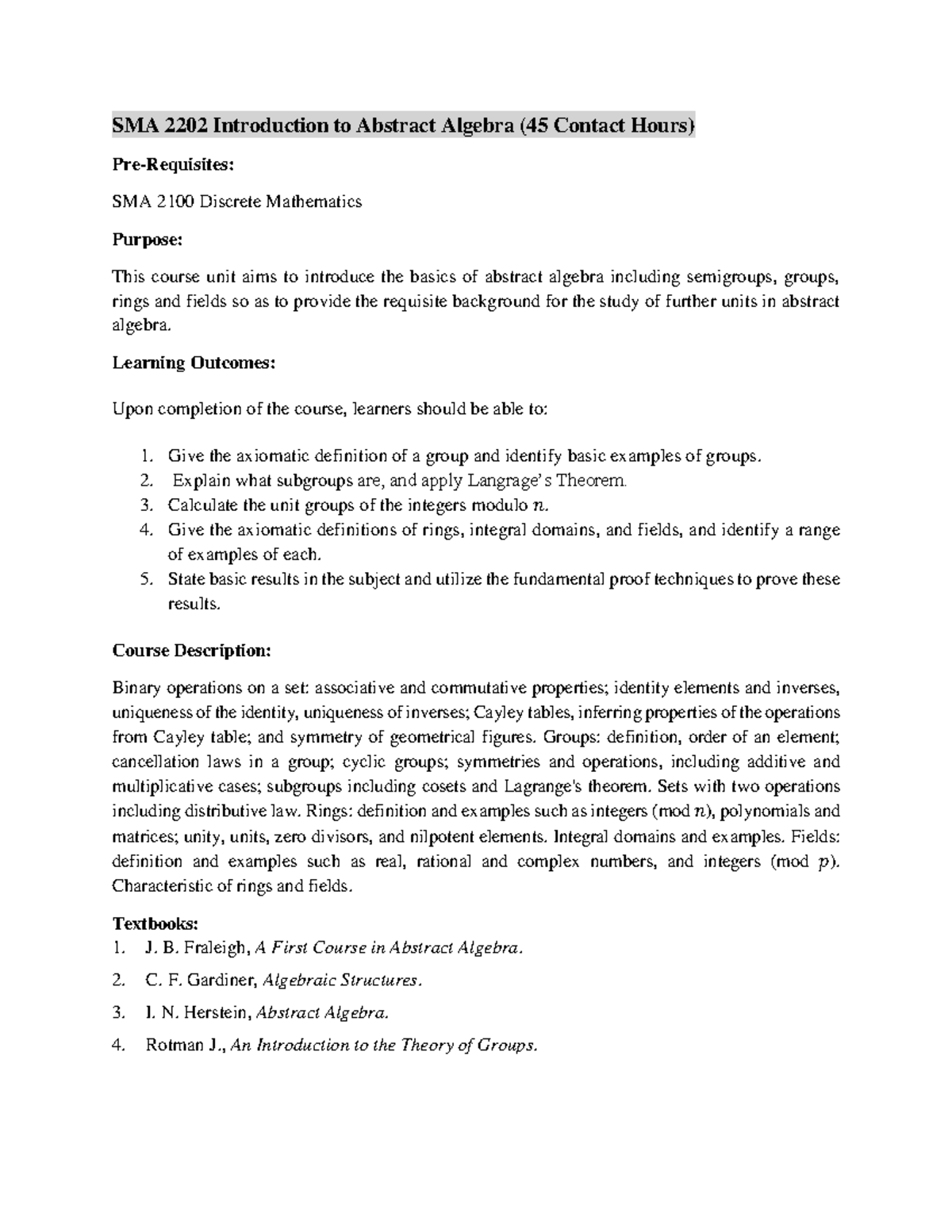 SMA 2202 Introduction to Abstract Algebra - Learning Outcomes: Upon ...