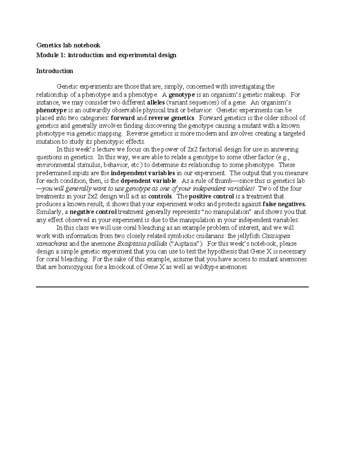 Module 1 - introduction and experimental design - Genetics lab notebook ...