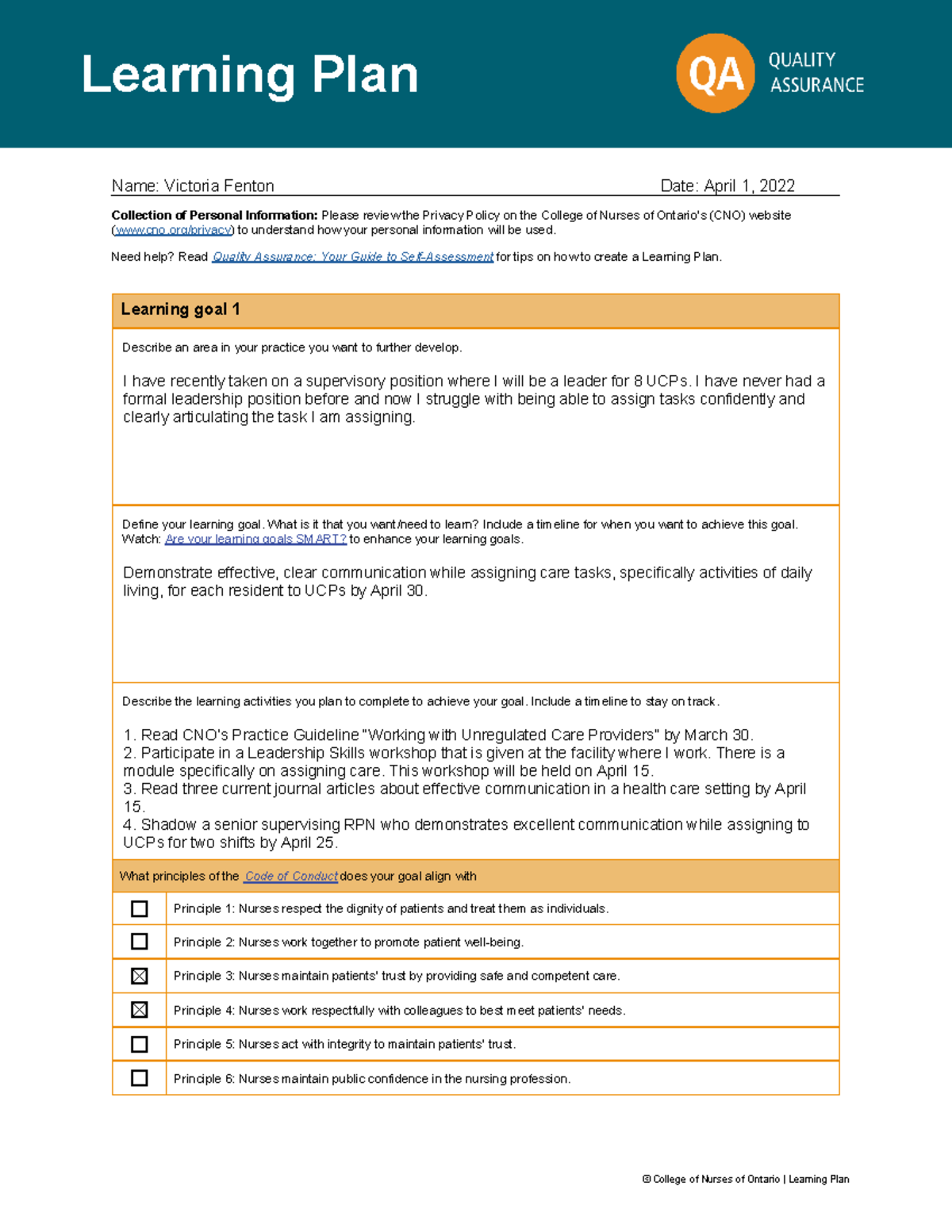 Learning Plan Fillable En College Of Nurses Of Ontario Learning