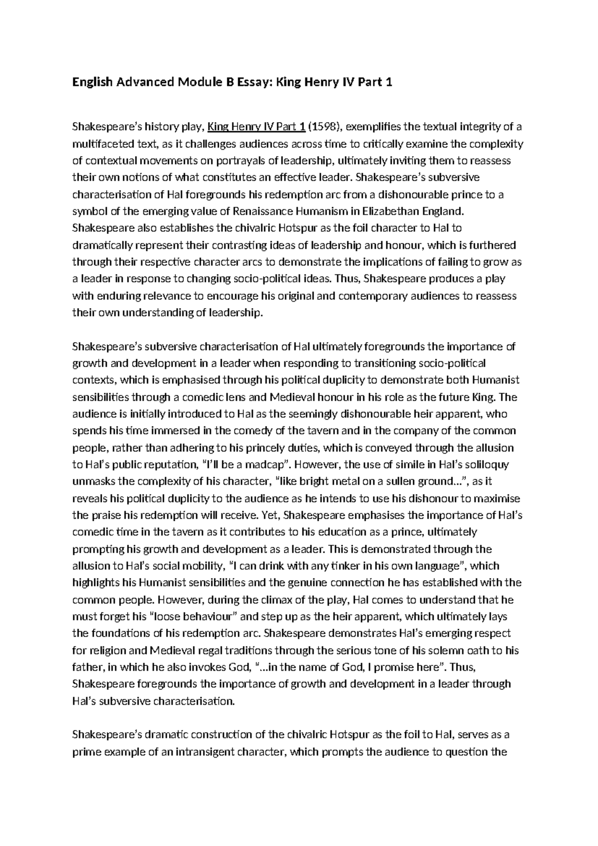 English Advanced Module B Essay - Shakespeare’s subversive ...