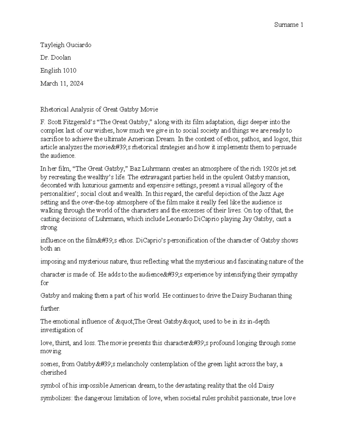 Rhetorical Analysis of Great Gatsby Movie - Surname 1 Tayleigh Guciardo ...
