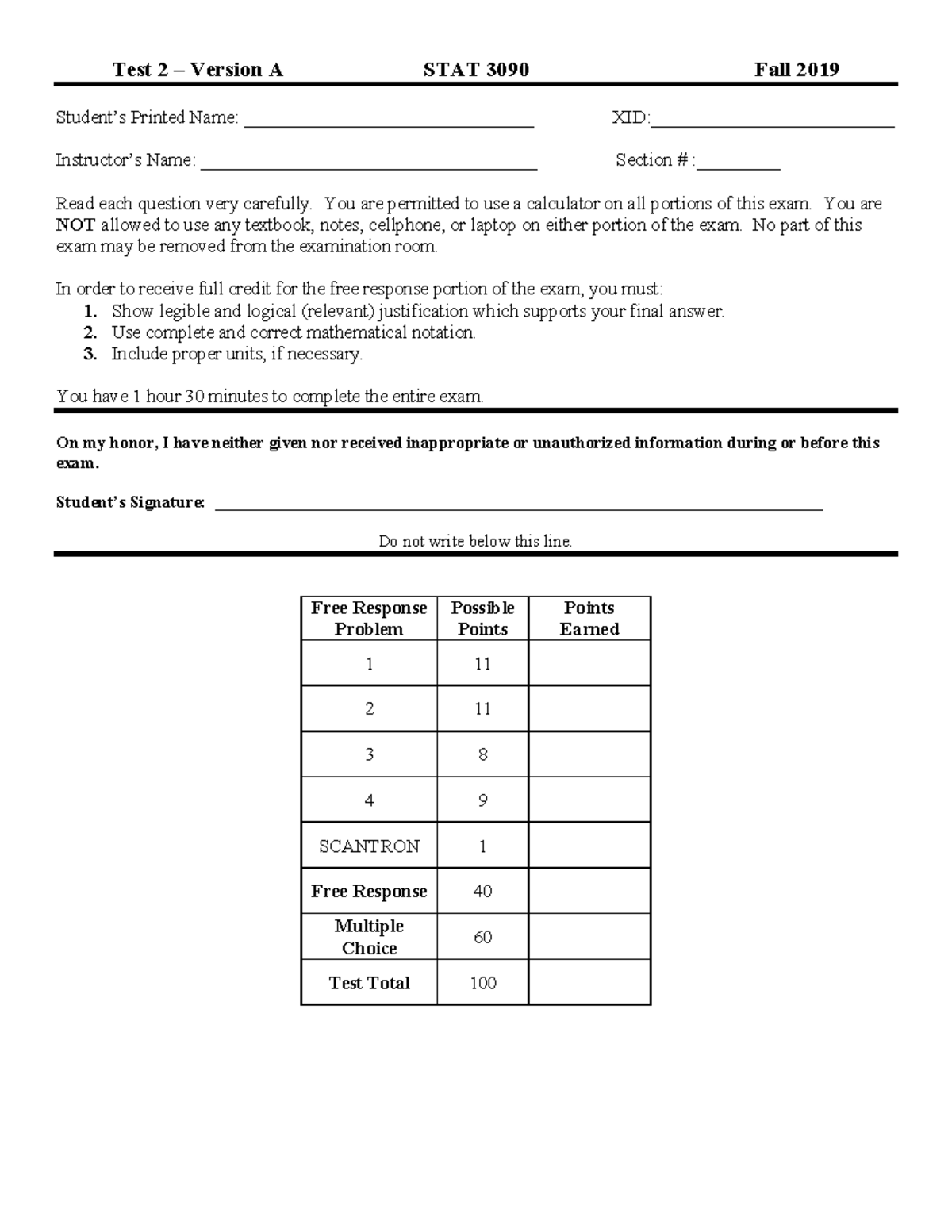 F19 Test 2 Ver A - practice - Student’s Printed Name ...