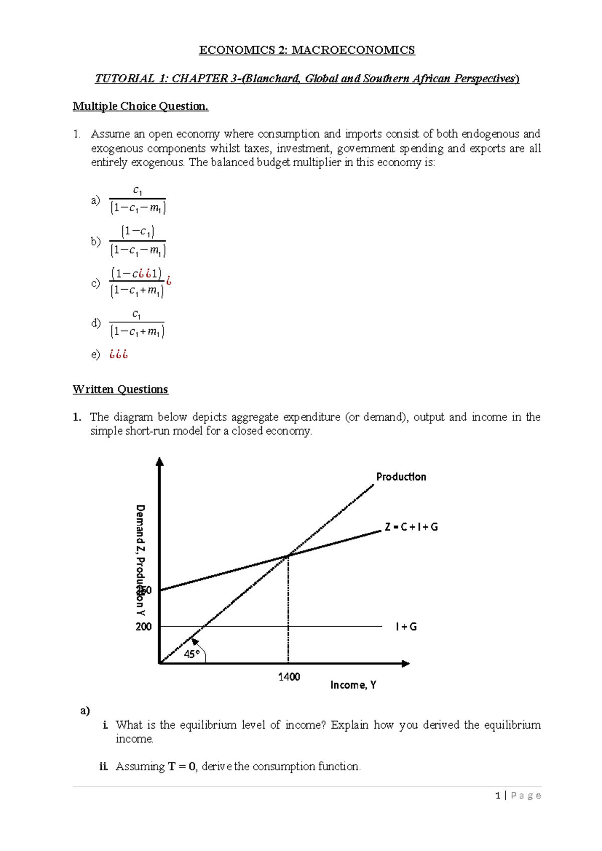 Macro Tutorial 1-Chapter 3 - Demand Z, Production Y Income, Y 45 ...
