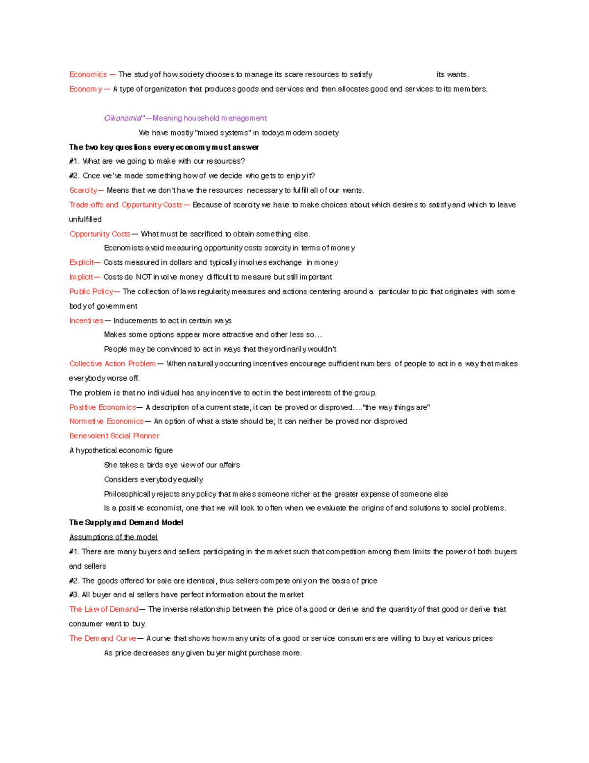 ECO - EXAM 1 Cheat Sheet - Lecture notes 1-5 - Economics — The study of ...