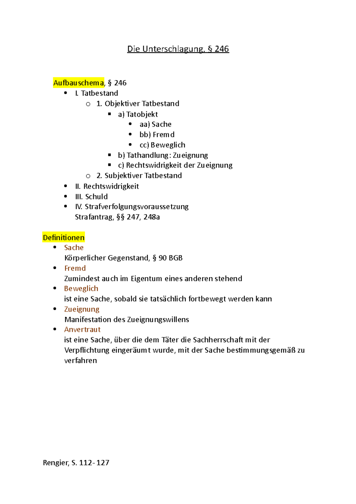 Die Unterschlagung - Schemata - Die Unterschlagung, § 246 Aufbauschema ...