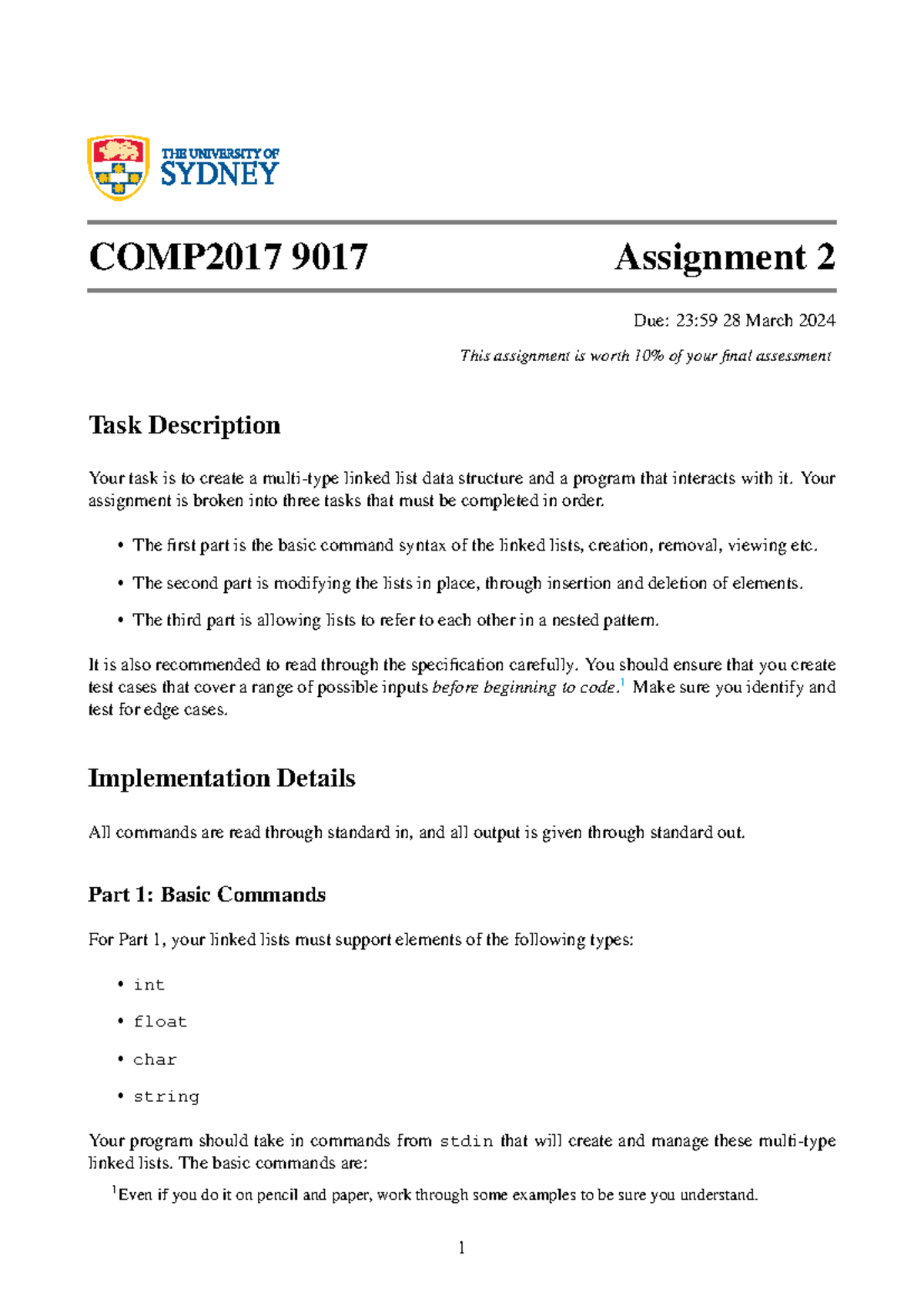 Assignment 2-2 - COMP2017 9017 Assignment 2 Due: 23:59 28 March 2024 This assignment is worth 10 ...