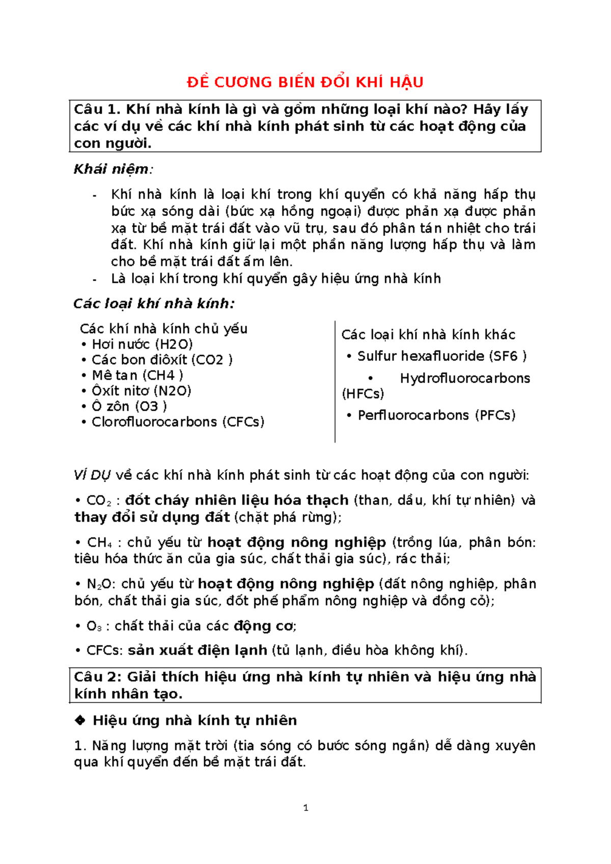 De cuong bdkh - đề cương bdkh - ĐỀ CƯƠNG BIẾN ĐỔI KHÍ HẬU Câu 1. Khí ...
