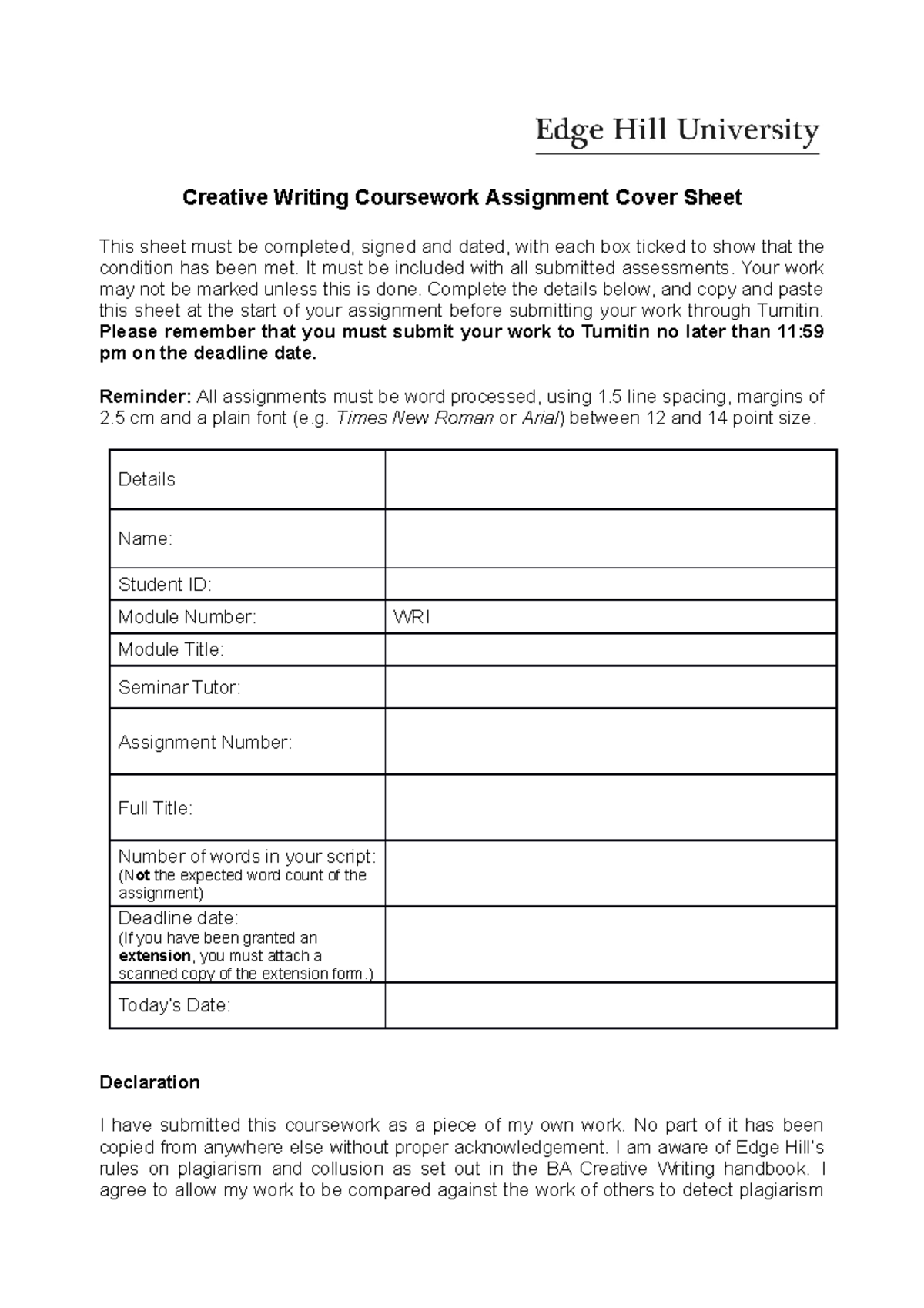 Creative Writing Coursework Cover Sheet - Creative Writing Coursework ...