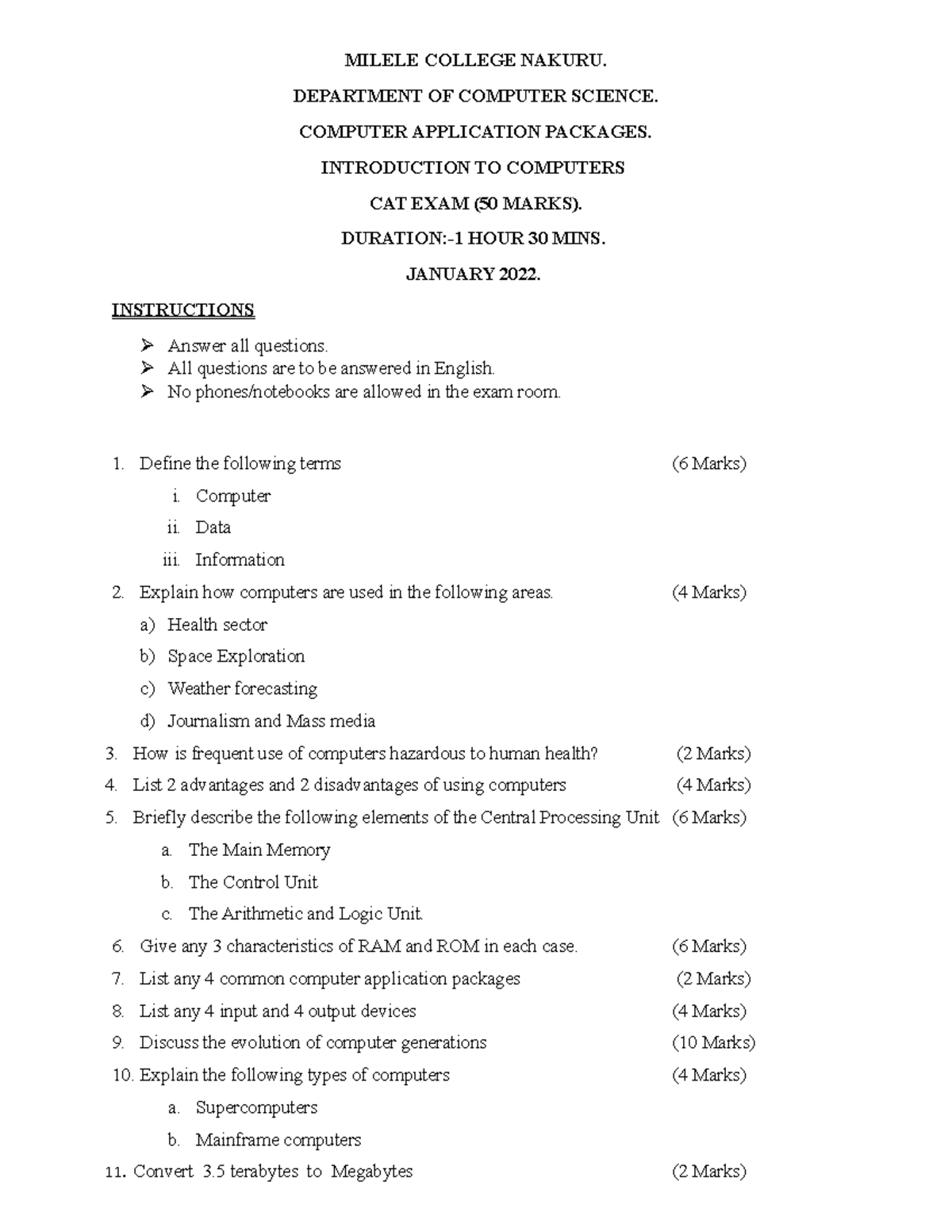 Packages Intro EXAM - Unit questions - MILELE COLLEGE NAKURU ...