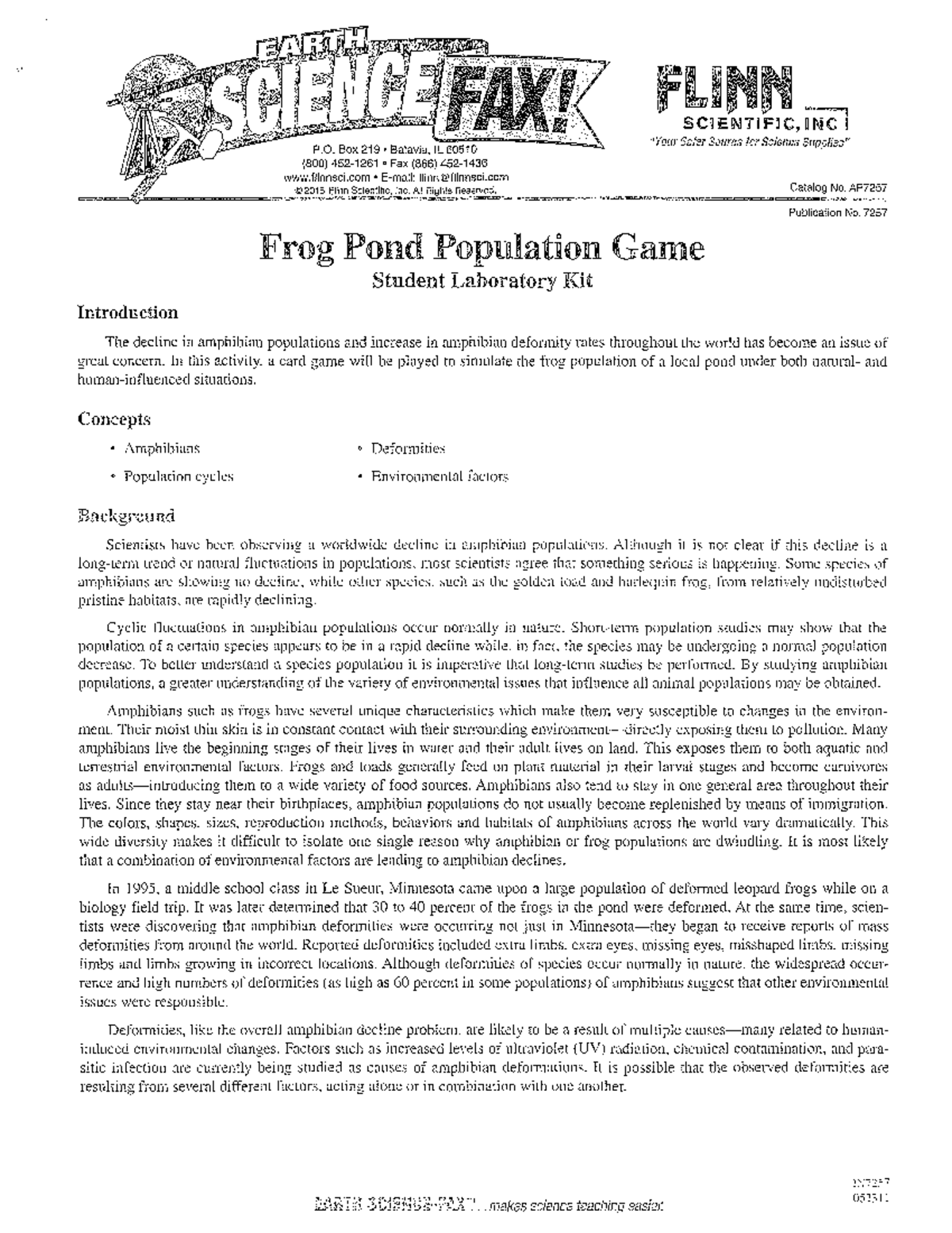 Frog Pond Game Lab-AP Bio - P. Box 219 • Batavia, IL 60510 (800) 452 ...