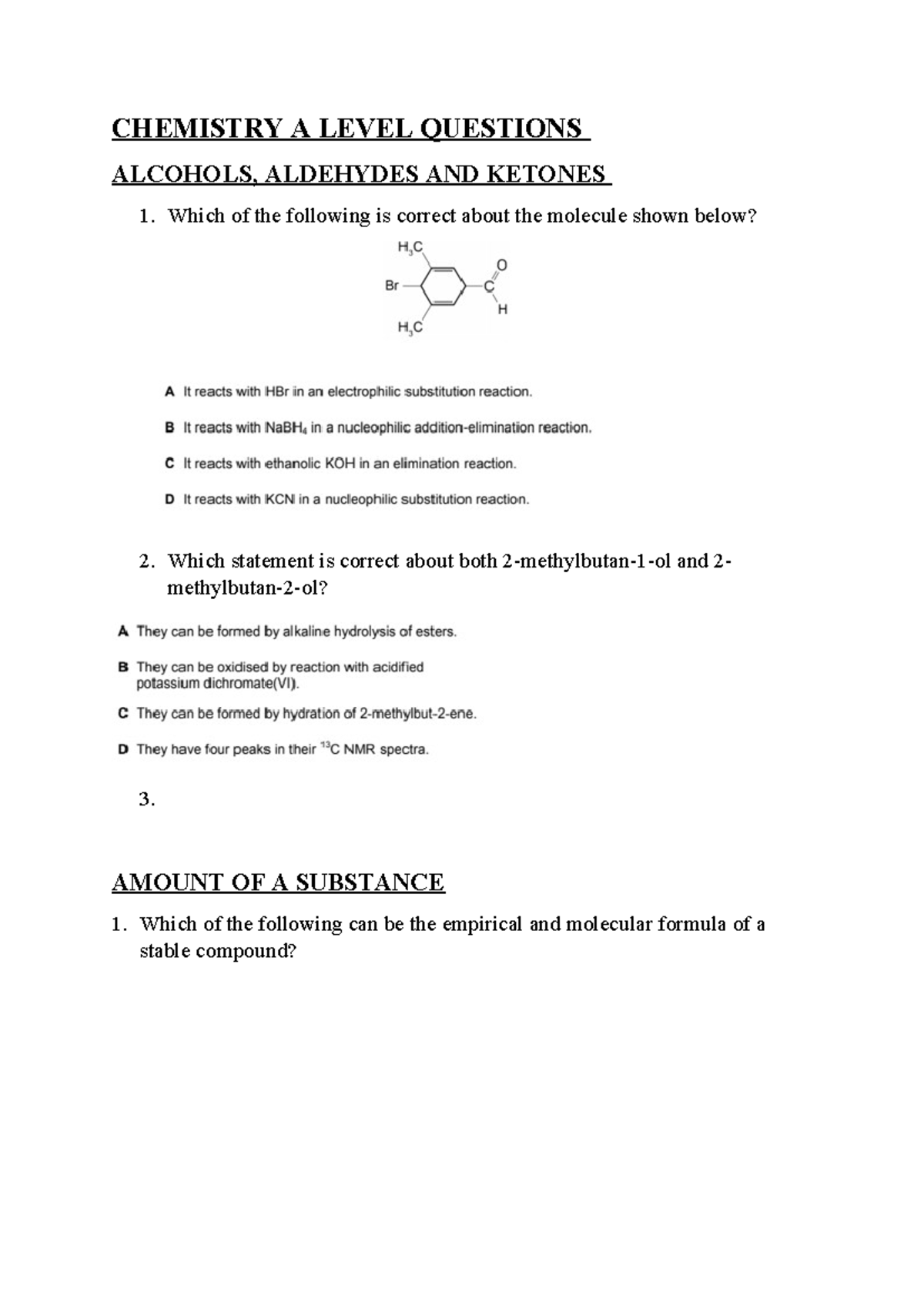 Chemistry - Questions - Practice Q's - CHEMISTRY A LEVEL QUESTIONS ...