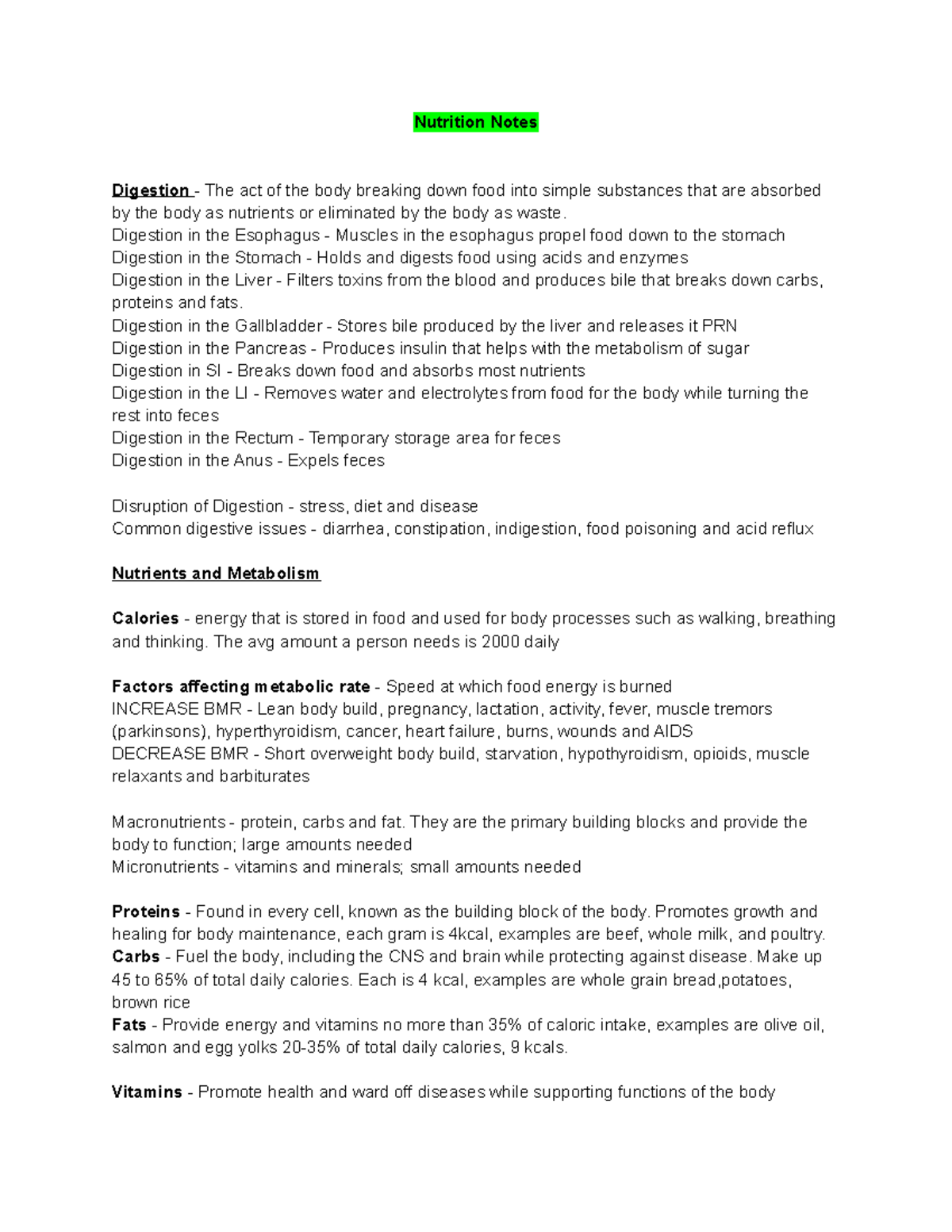 Nutrition HECO Notes - Nutrition Notes Digestion - The act of the body ...