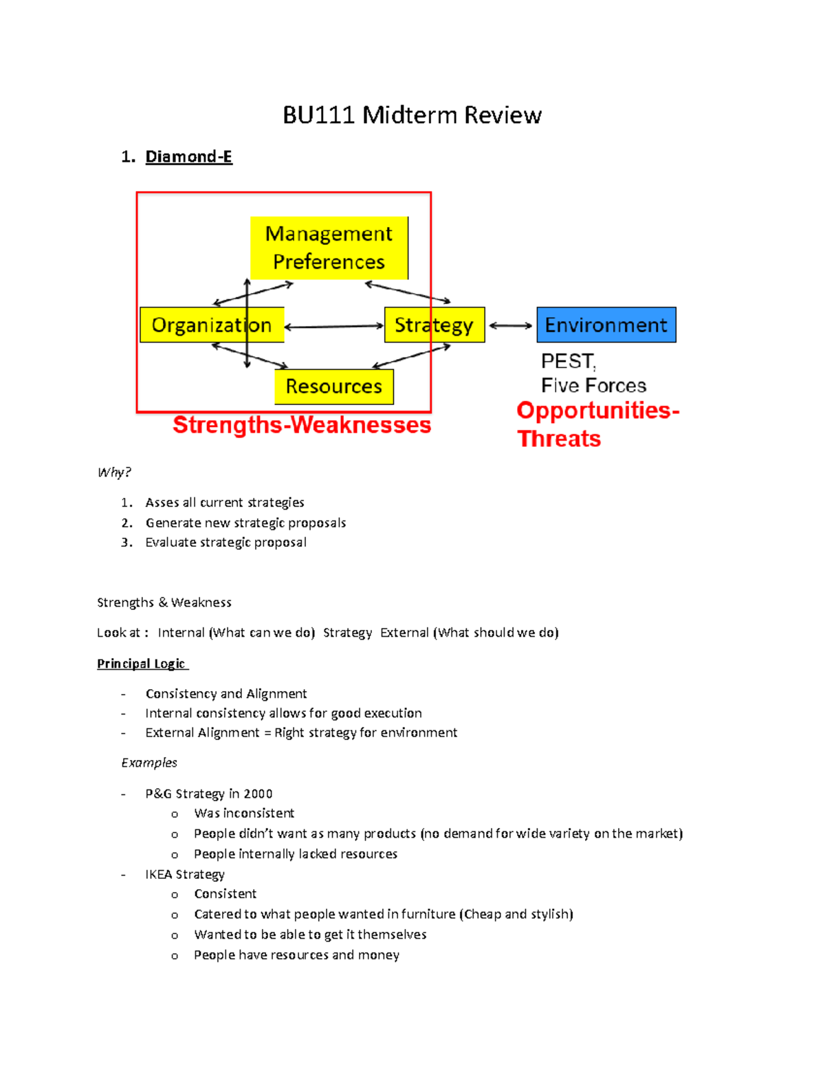 BU111 Midterm Review - Diamond-E Why? 1. Asses all current strategies 2 ...