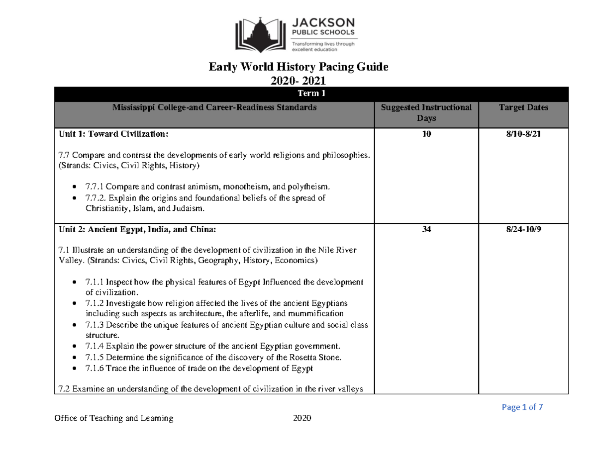 6th SS Early World History Pacing 2020-2021 - 2020 - 2021 Page 1 of 7 ...