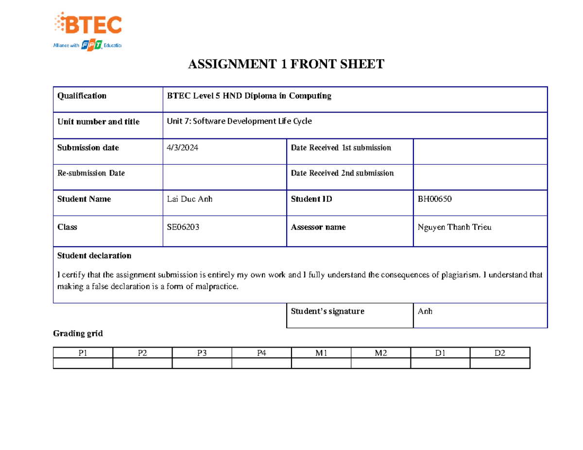 ASM1 1st SDLC Lai Duc Anh BH00650 - ASSIGNMENT 1 FRONT SHEET Qualification BTEC Level 5 HND ...