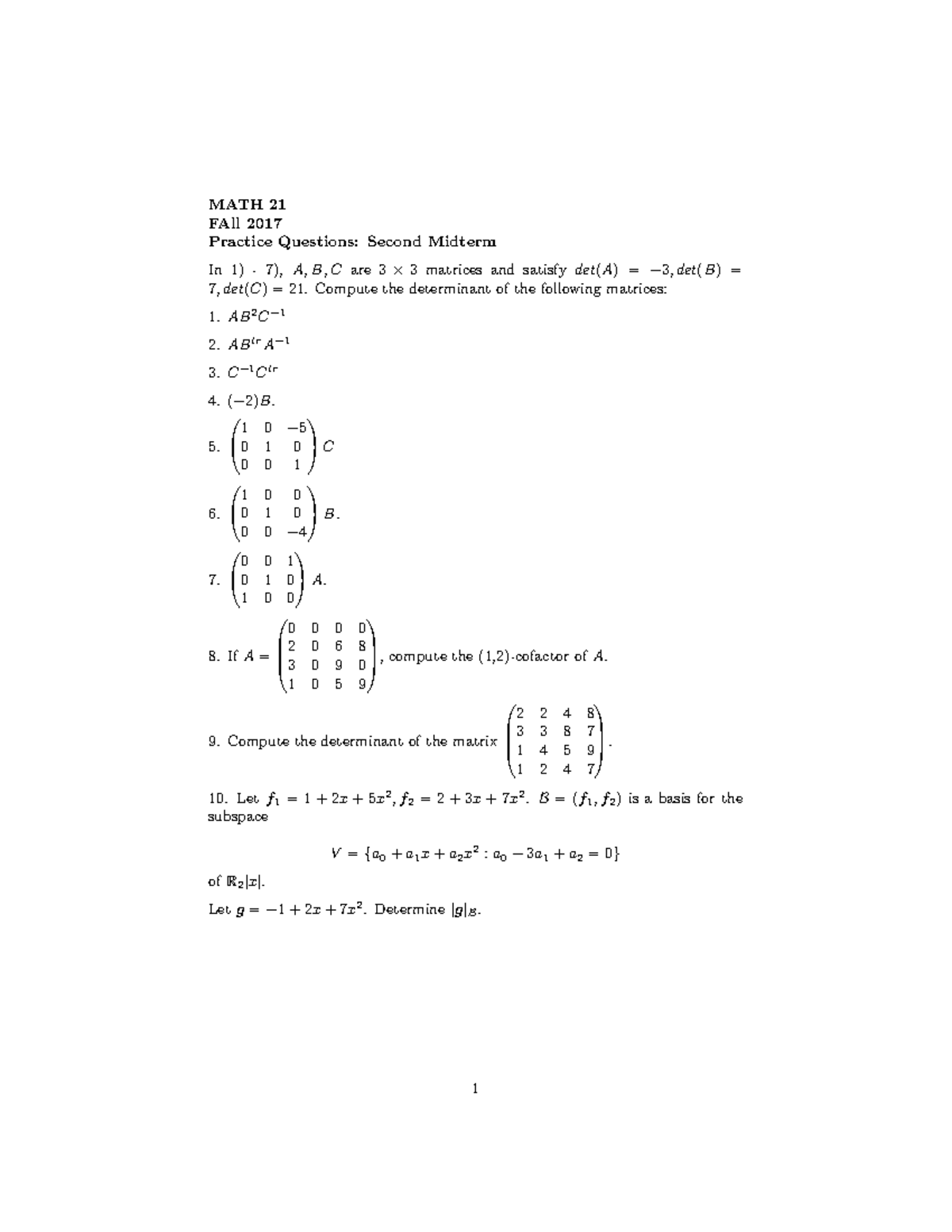 SM practice questions - MATH 21 FAll 2017 Practice Questions: Second Midterm In 1) - 7), A, B, C ...