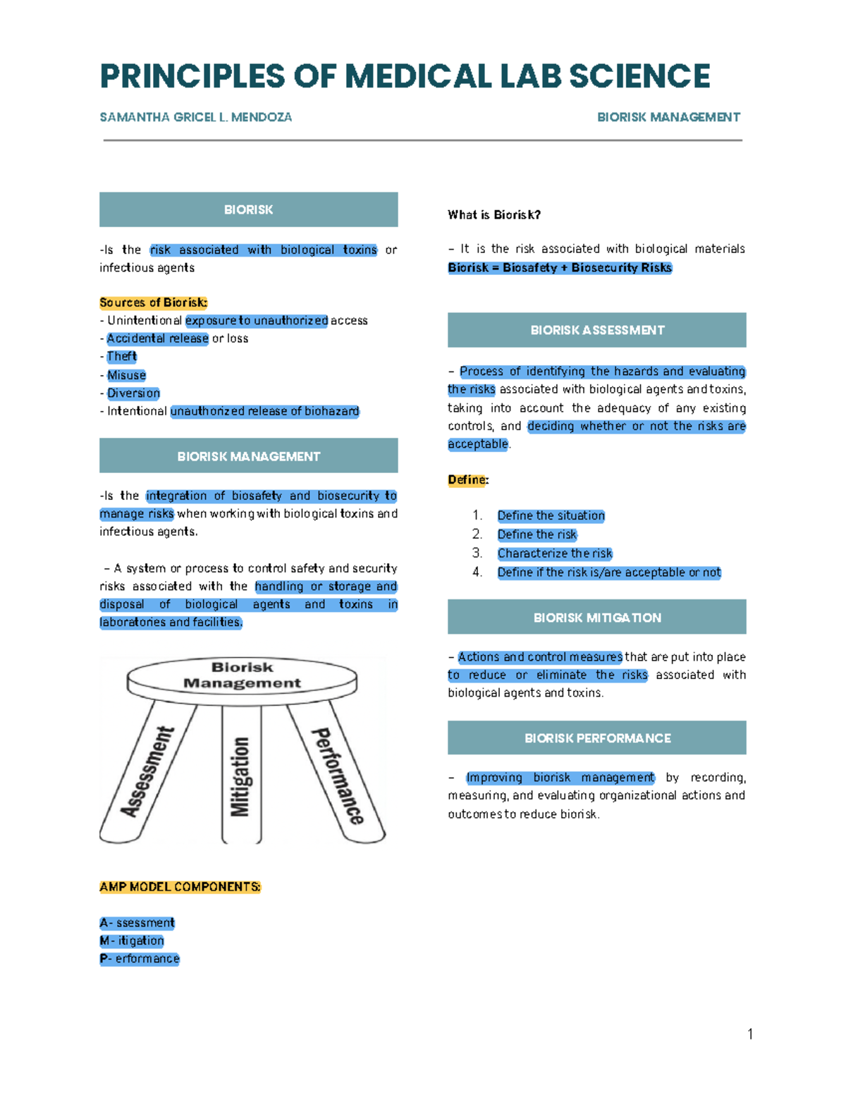 MLSP W15 - NOTES - SAMANTHA GRICEL L. MENDOZA BIORISK MANAGEMENT ...