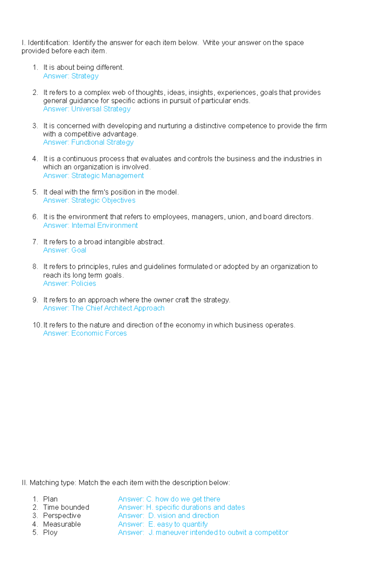 BM - Business Management Thoeries - I. Identification: Identify the ...