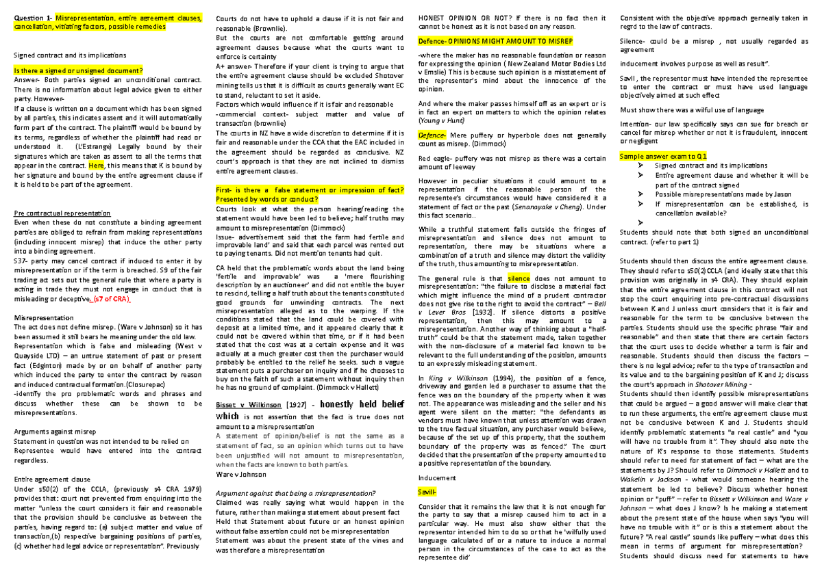 Contract cheat sheet - Question 1- Misrepresentation, entire agreement ...