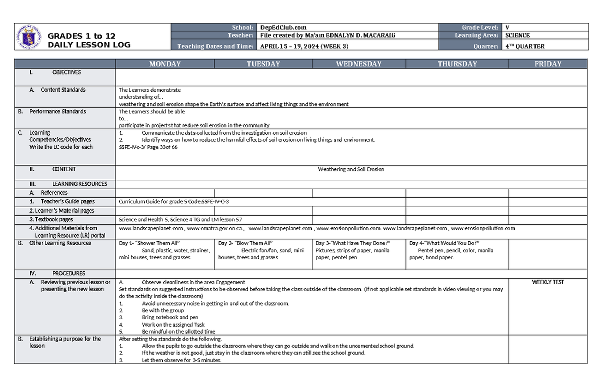 DLL Science 5 Q4 W3 - dddd - GRADES 1 to 12 DAILY LESSON LOG School: DepEdClub Grade Level: V ...
