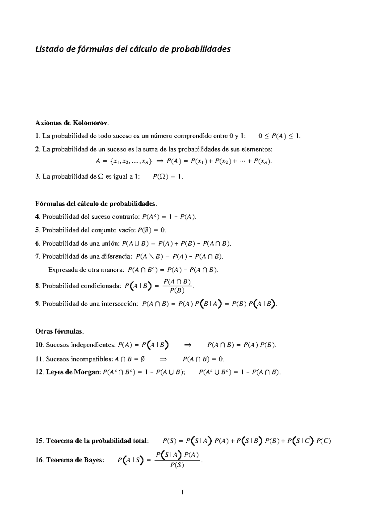 Formulas probabilidad - Listado de fórmulas del cálculo de probabilidades Santiago Peña Colegio ...