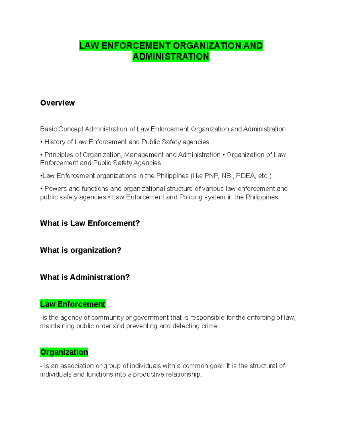 Law Enforment Organization and Administration I - LAW ENFORCEMENT ...