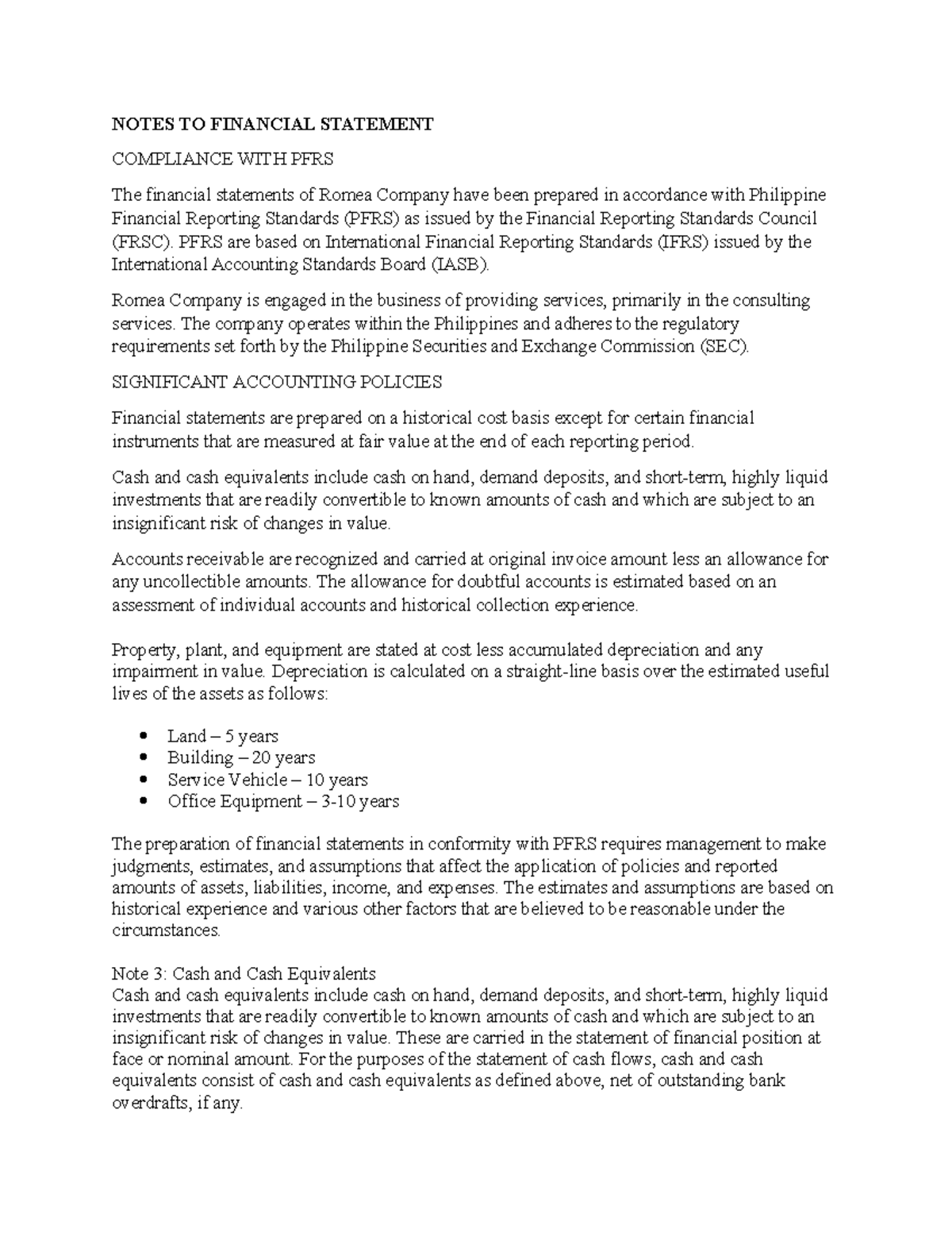 Notes TO Financial Statement - NOTES TO FINANCIAL STATEMENT COMPLIANCE ...