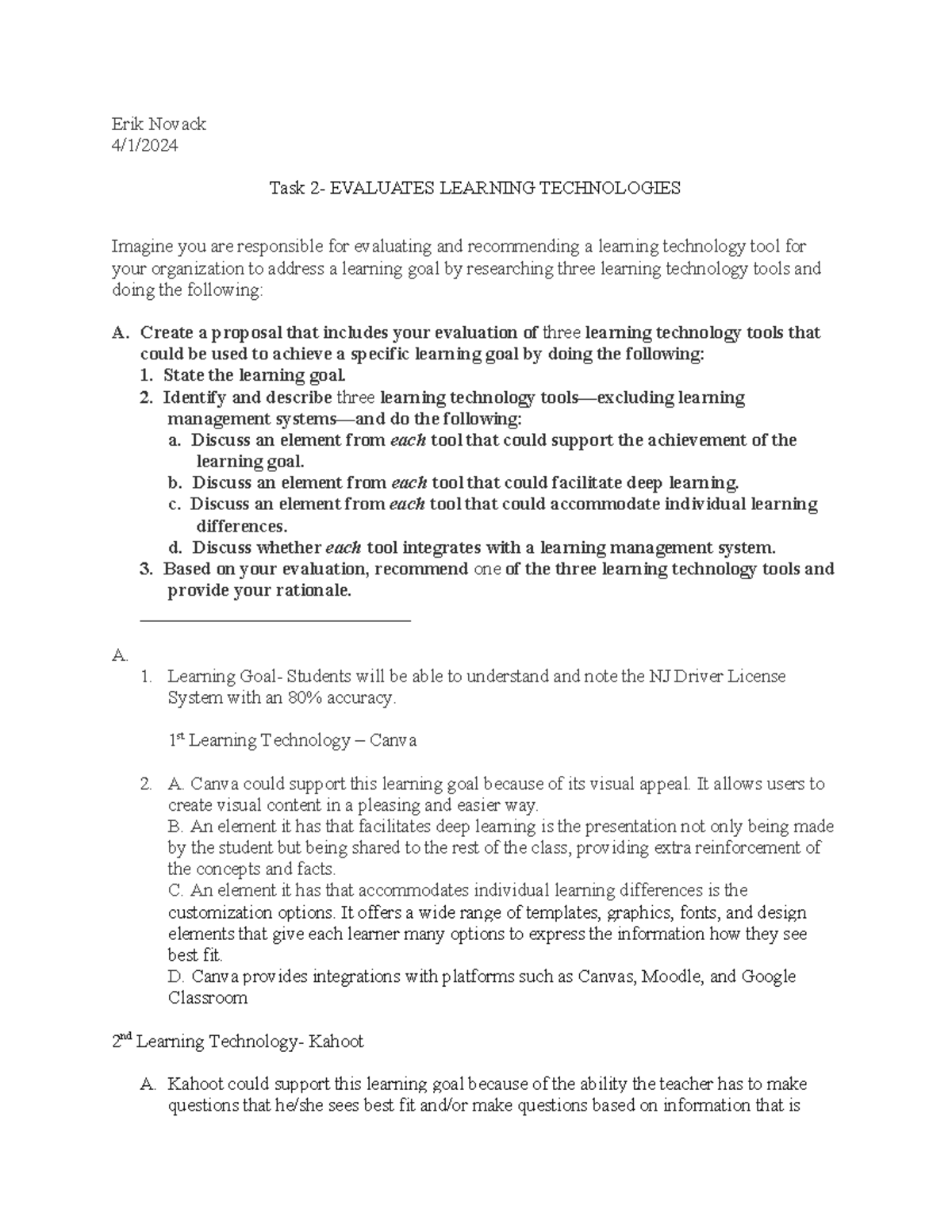 Task 2- Learning Technology - Erik Novack 4/1/ Task 2- EVALUATES ...