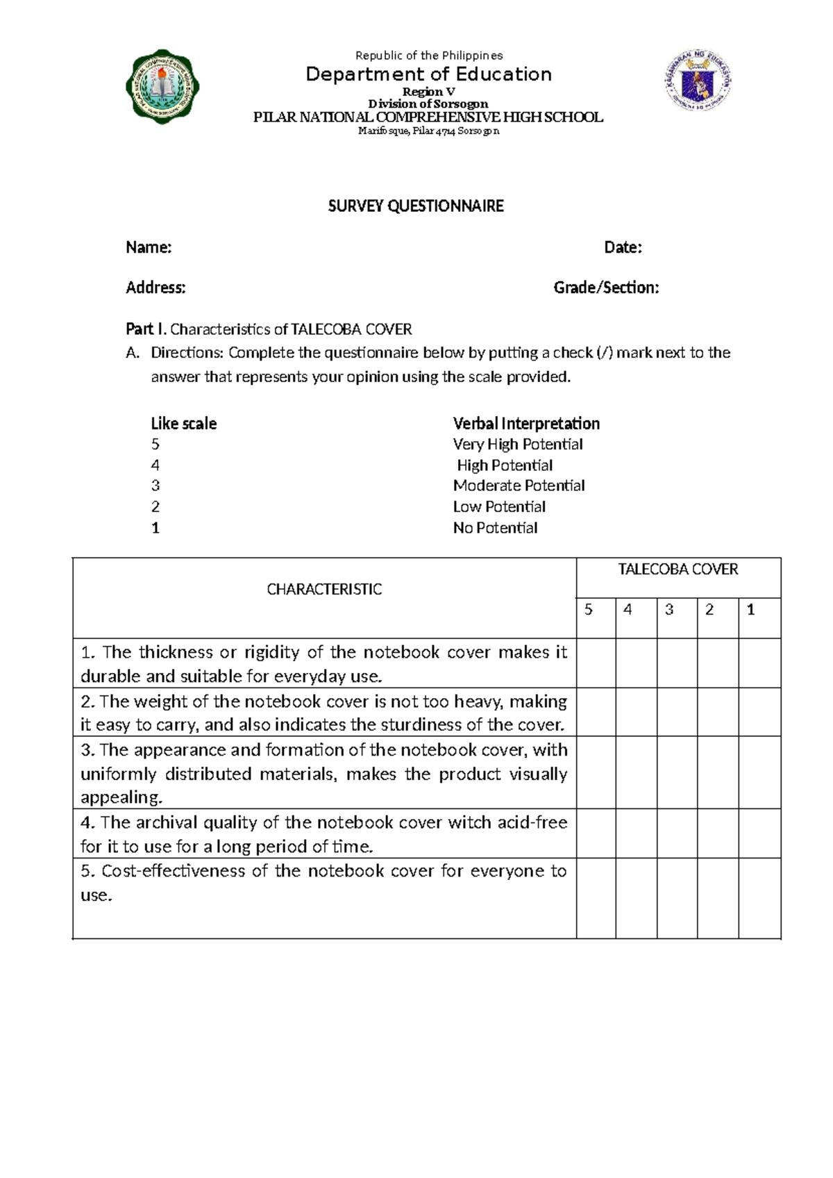 Survey- Questionnaire - Republic of the Philippines Department of ...