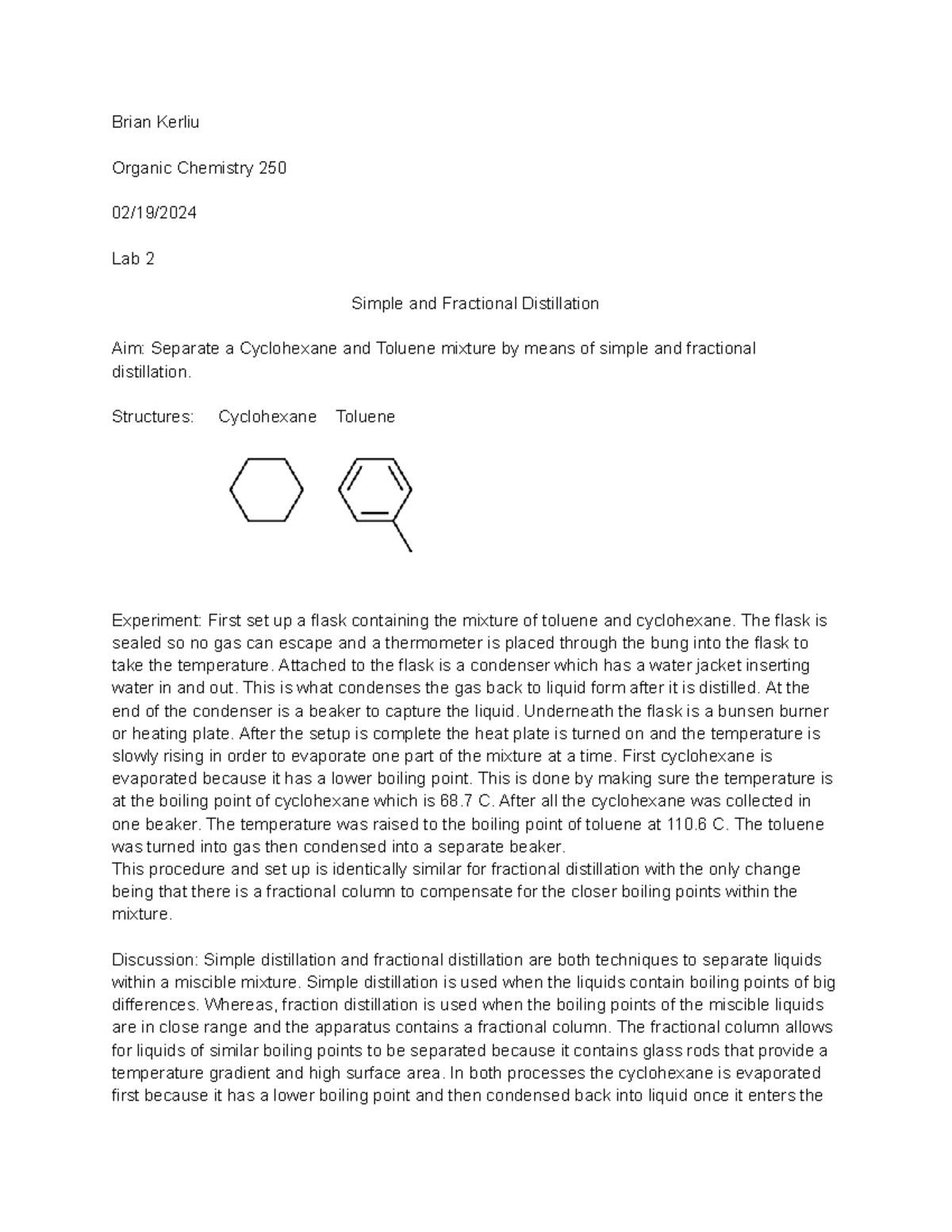 Lab 2 assignment - Brian Kerliu Organic Chemistry 250 02/19/ Lab 2 ...