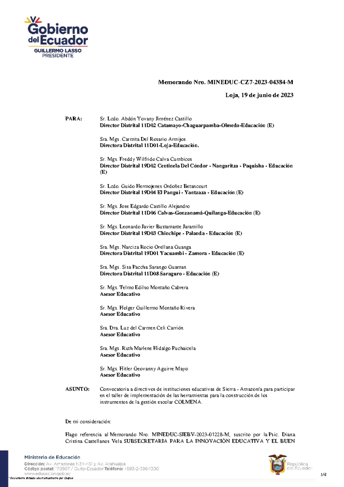 Mineduc CZ7 2023 04384 M - Loja, 19 de junio de 2023 PARA: Sr. Lcdo ...