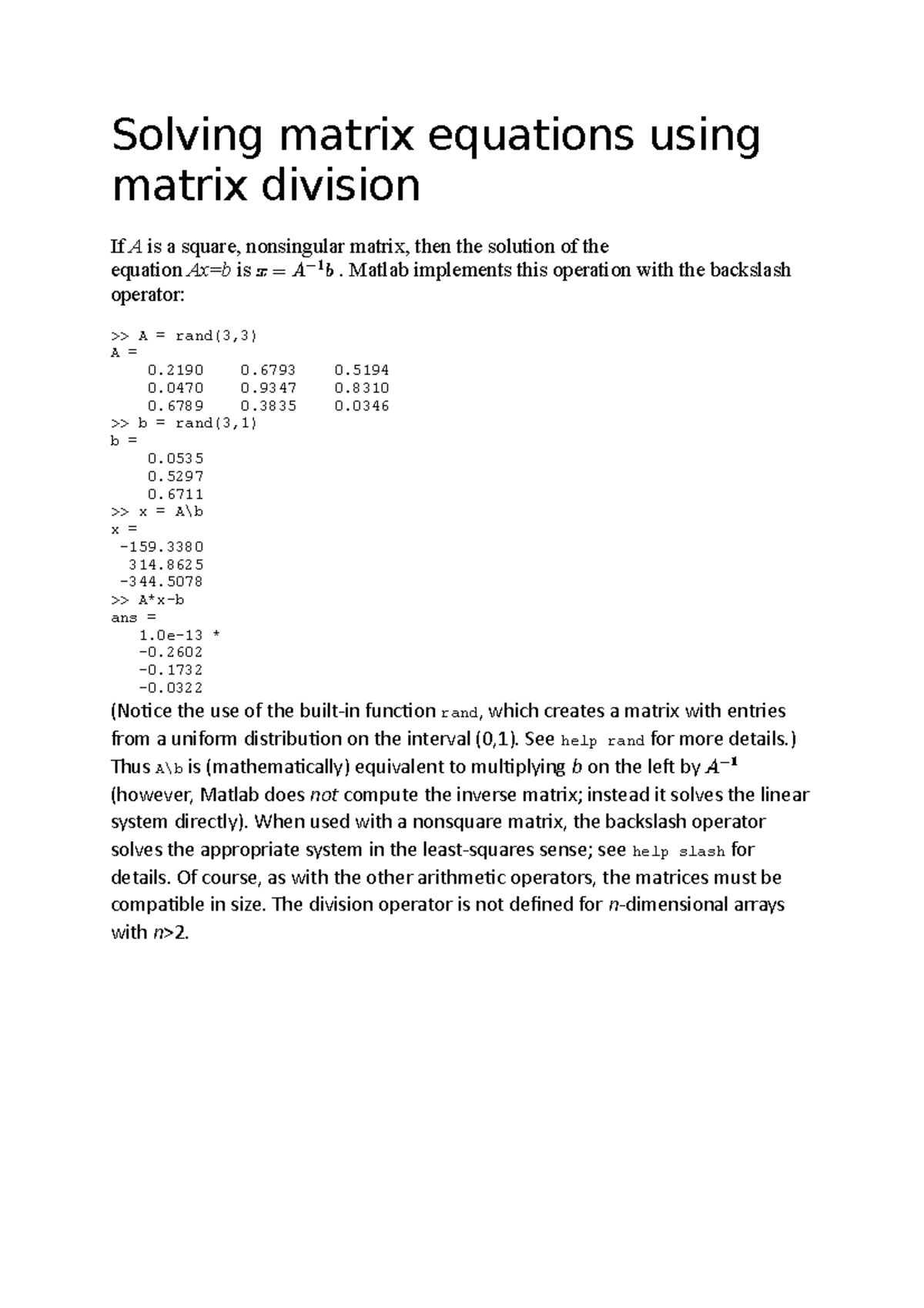 Solving matrix equations using matrix division - Solving matrix ...