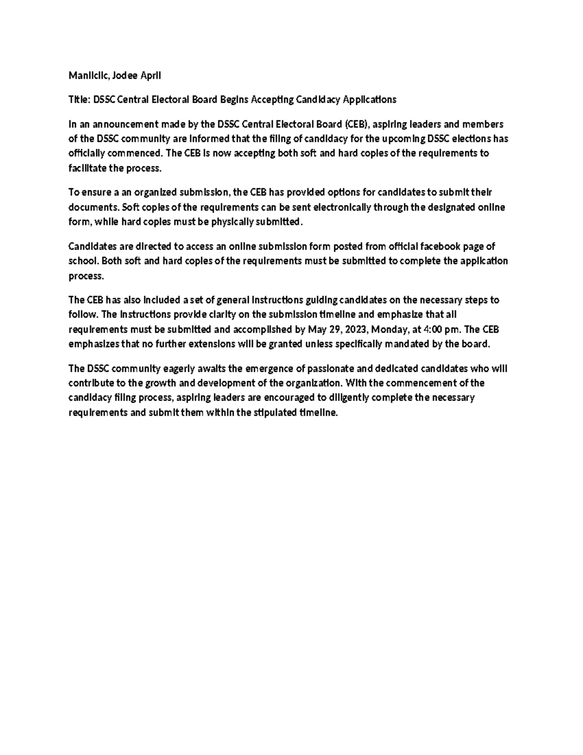NEWS- Article- Manliclic - Manliclic, Jodee April Title: DSSC Central ...