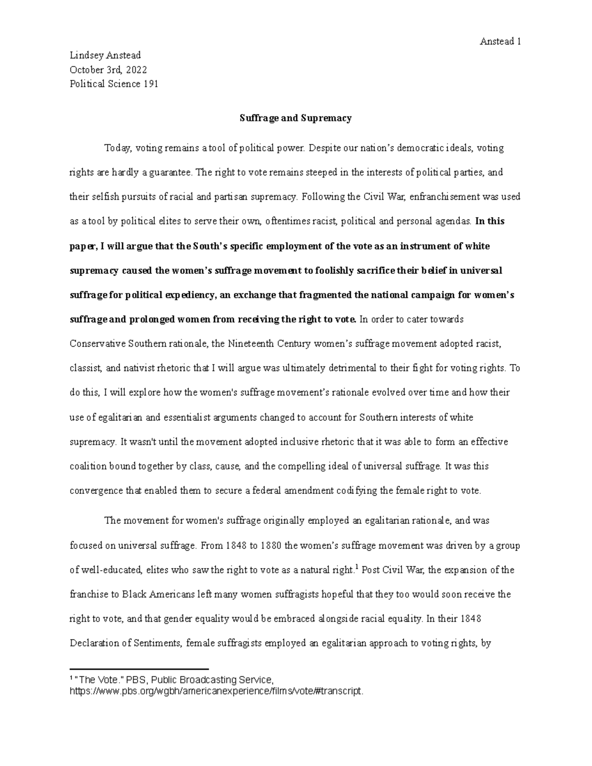 Suffrage and Supremacy - Lindsey Anstead October 3rd, 2022 Political ...