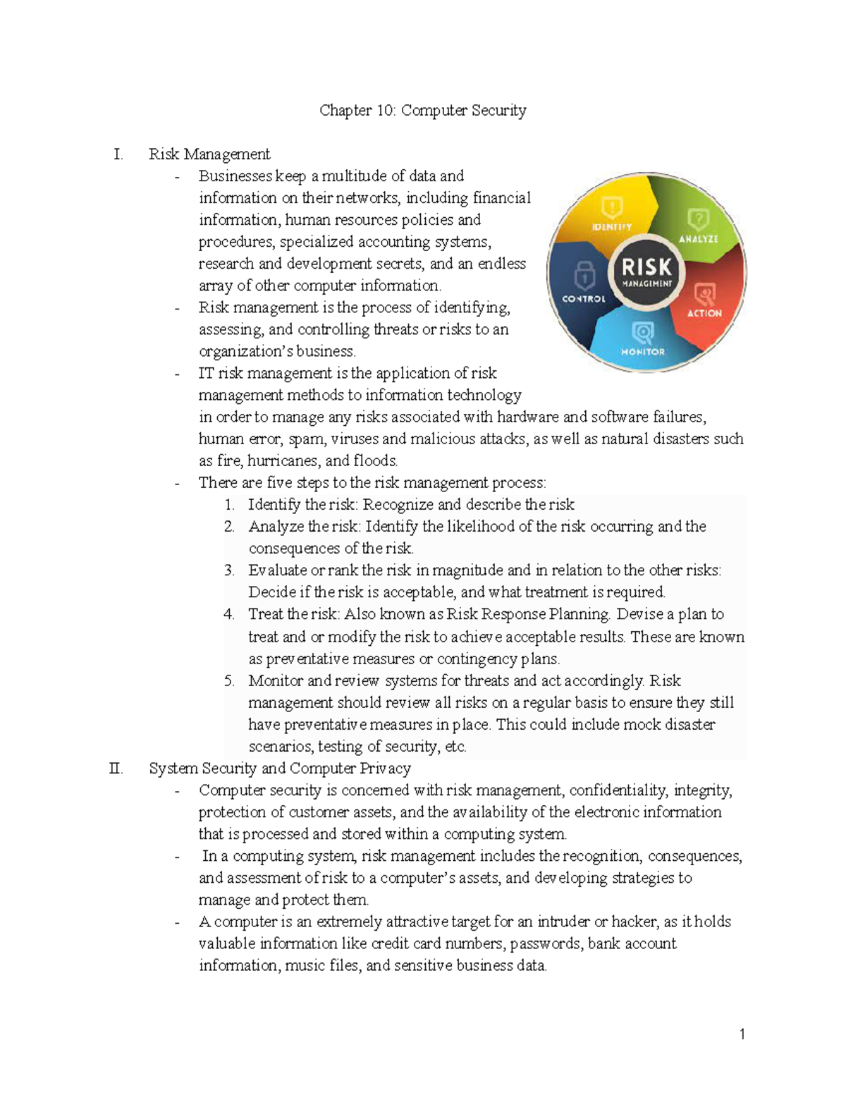 CIS 105 Ch. 10 Notes - Chapter 10: Computer Security I. Risk Management ...