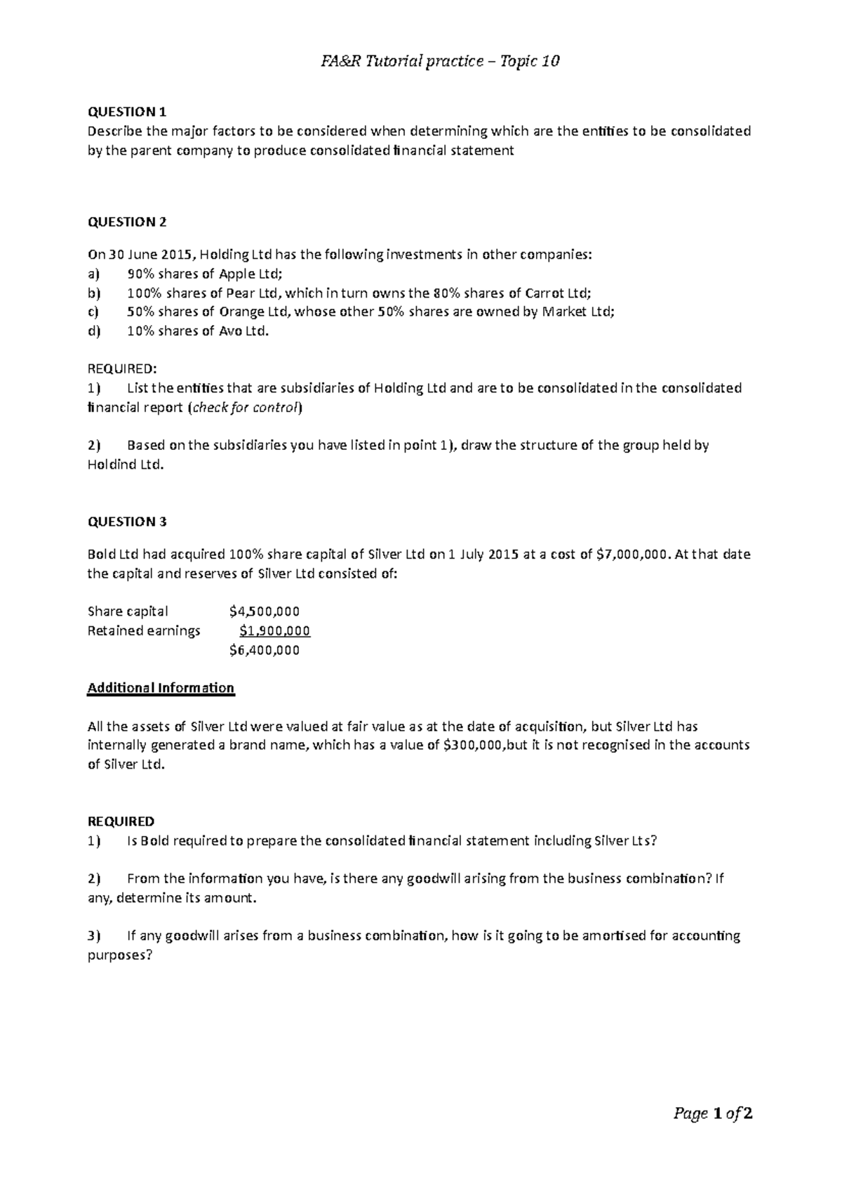 Tutorial Topic 10 - useful for exam - FA&amp;R Tutorial practice ...