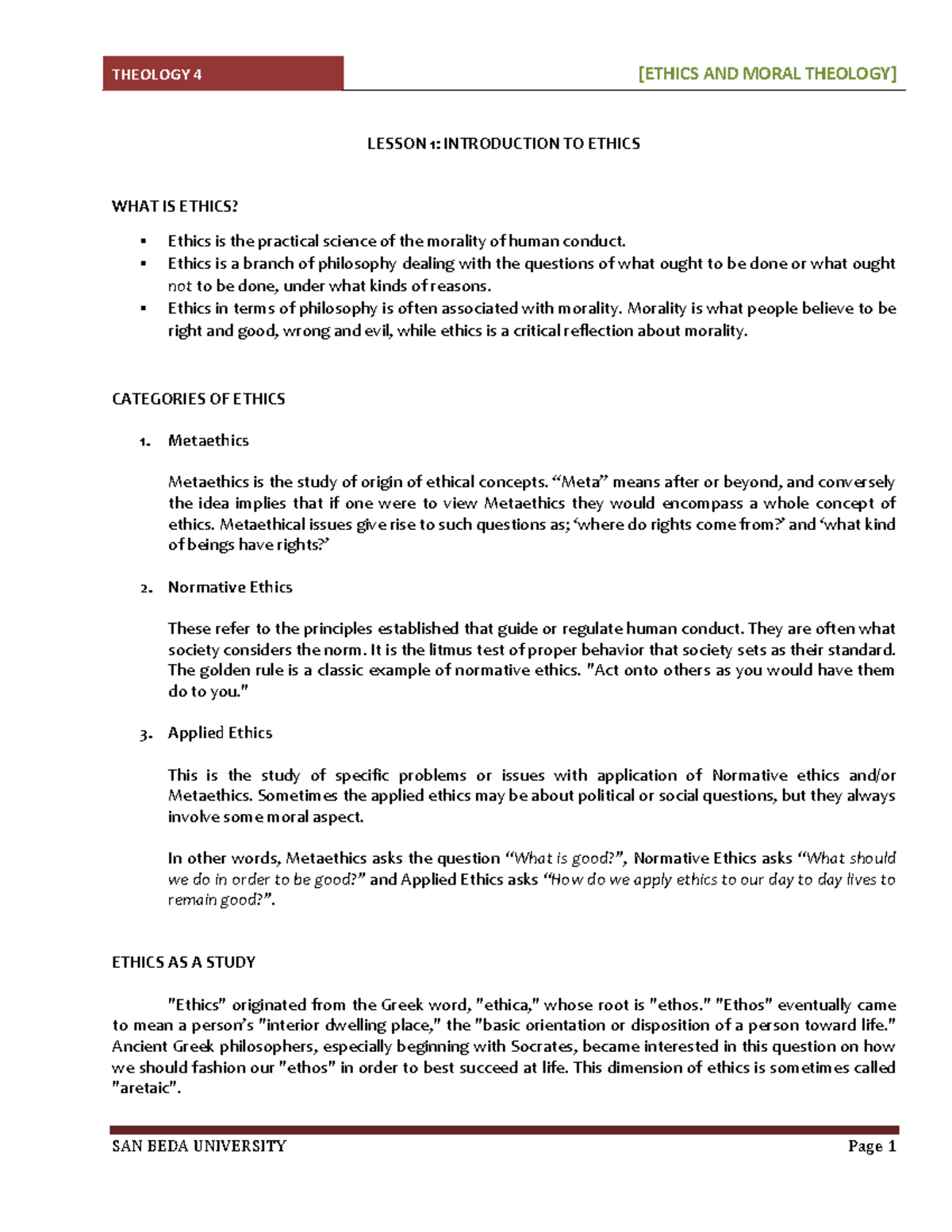 Theology 4 Course Material - LESSON 1: INTRODUCTION TO ETHICS WHAT IS ...