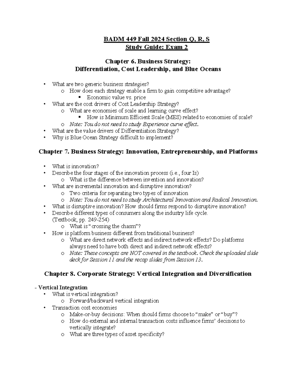 Exam 2 study guide - BADM 449 Fall 2024 Section Q, R, S Study Guide ...