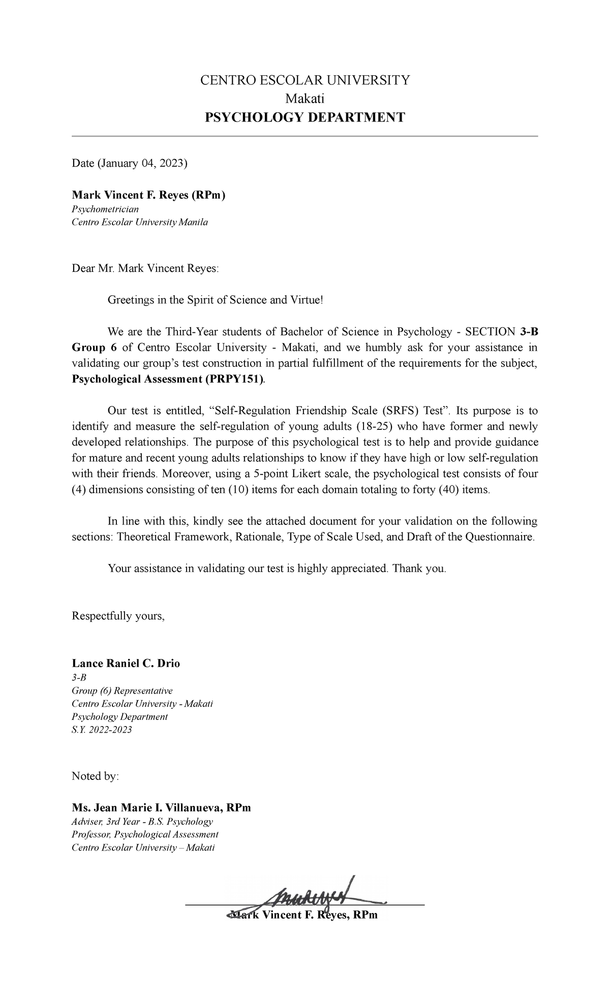 Validation Letter Reyes RPm - CENTRO ESCOLAR UNIVERSITY Makati ...