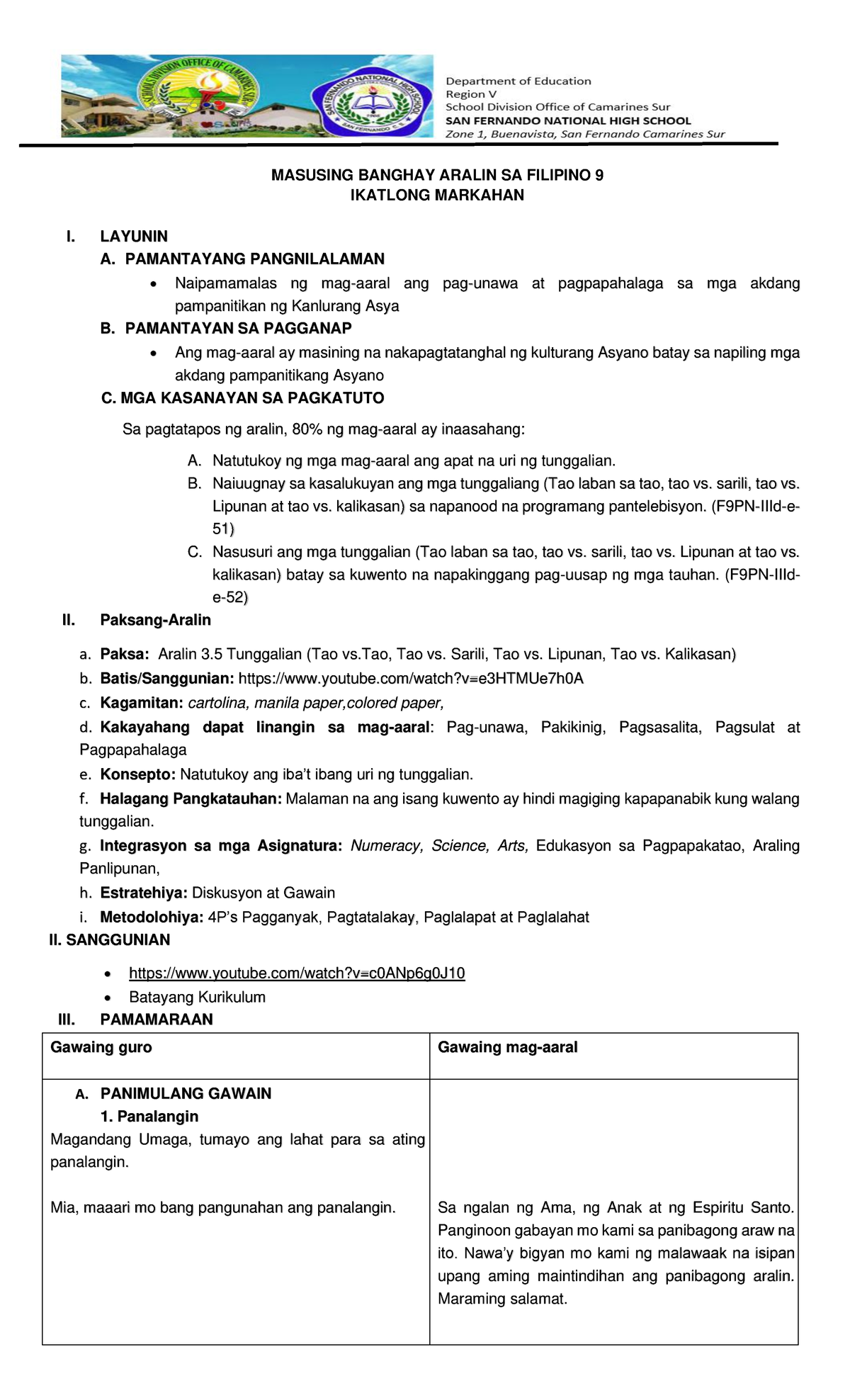 Tunggalian LP - lesson - MASUSING BANGHAY ARALIN SA FILIPINO 9 IKATLONG ...