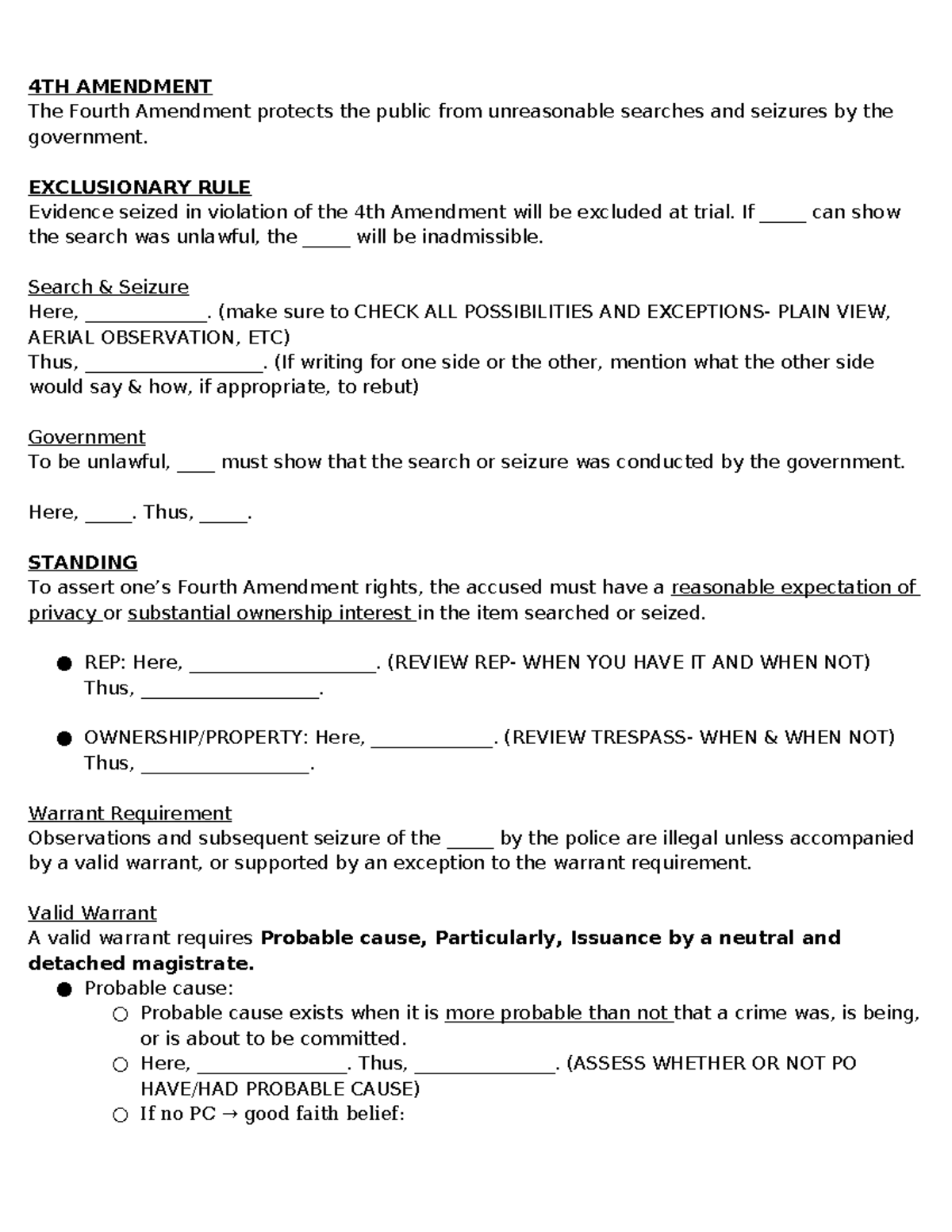 Criminal Procedure Answer Template - 4TH AMENDMENT The Fourth Amendment ...