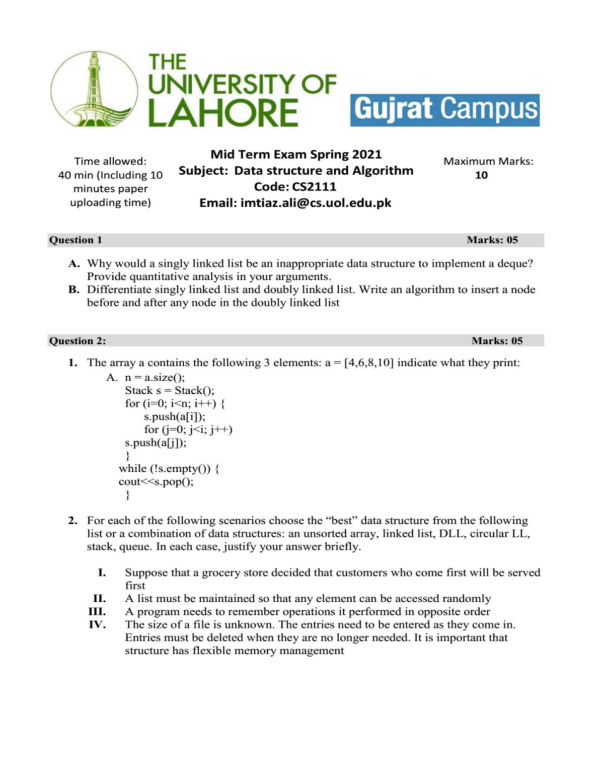 Mid term sp21 datastructure - Elementary Linear Algebra - Studocu