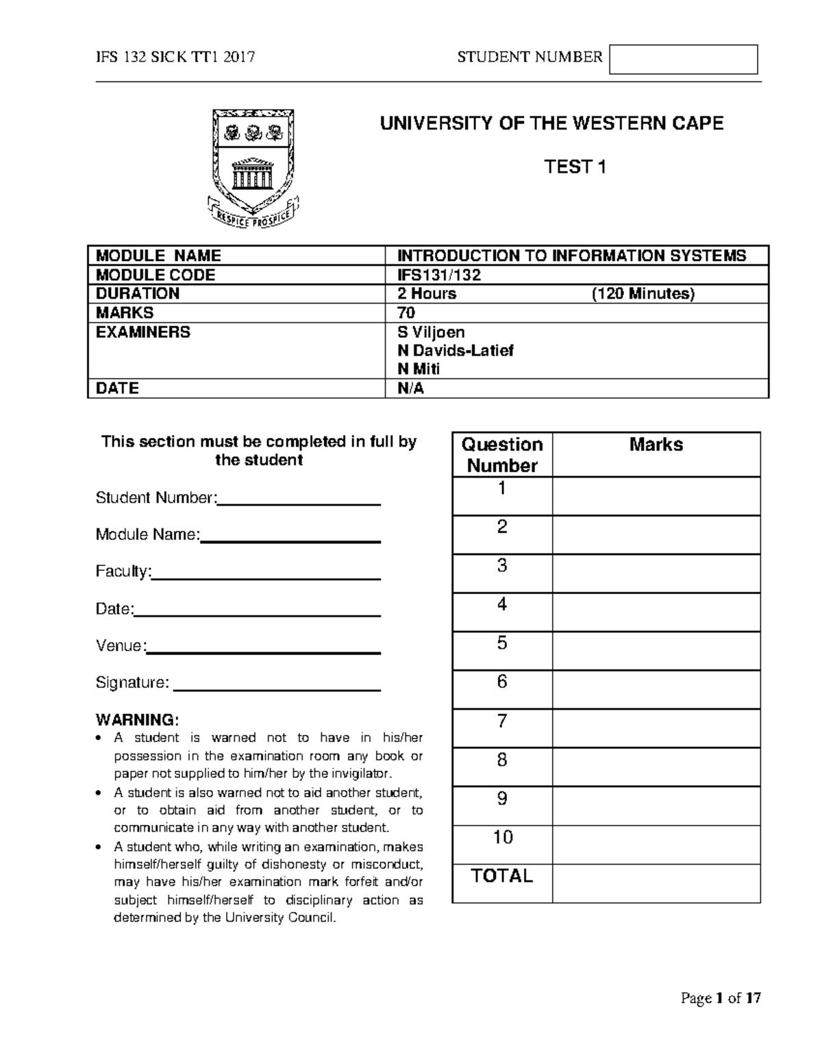 Test exam 2018, questions - IFS 132 SICK TT1 2017 STUDENT NUMBER - Studocu