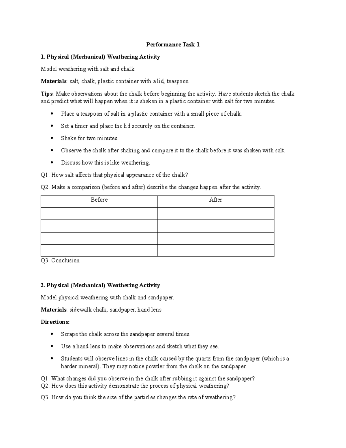 Performance Task 1 STEM - Performance Task 1 1. Physical (Mechanical) Weathering Activity Model ...
