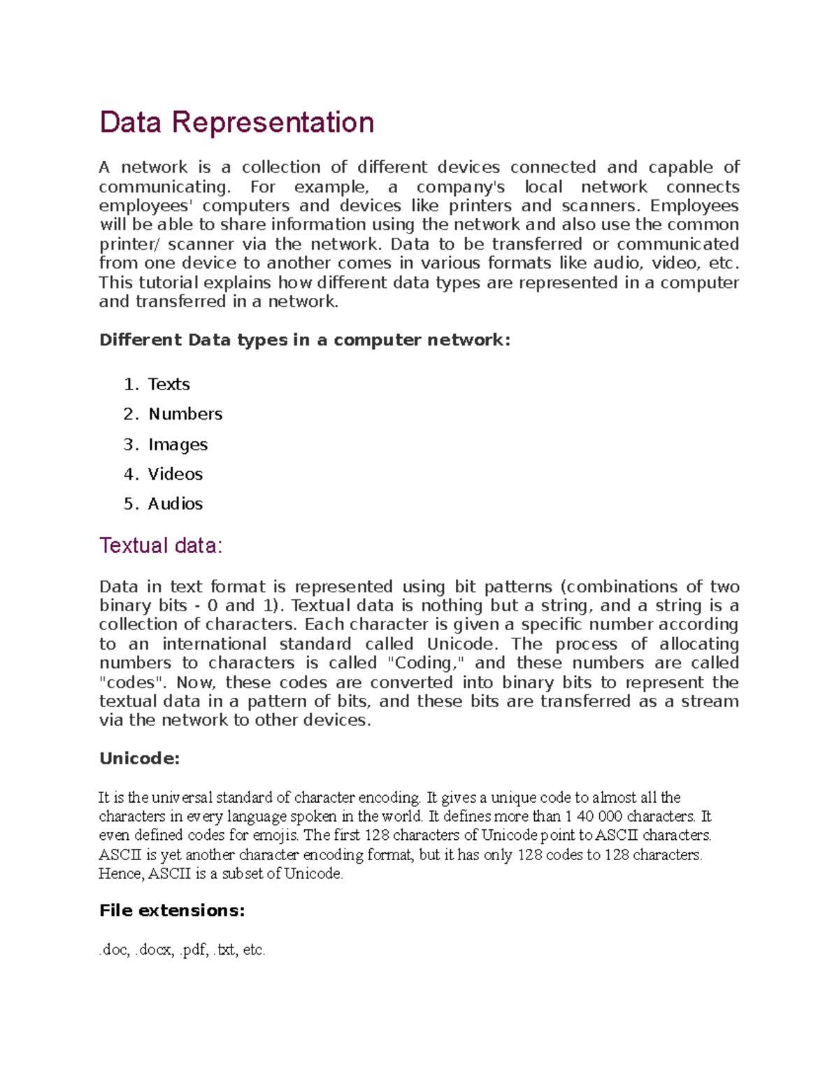 Data Representation - Helpful notes - Data Representation A network is ...