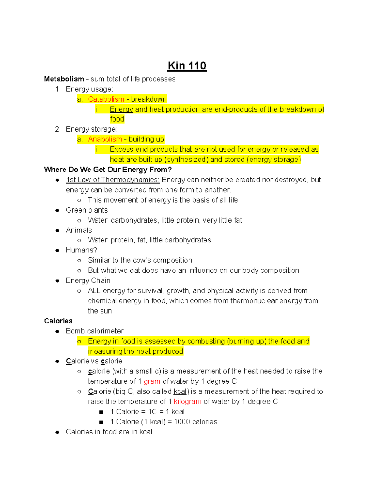 Kin 110 Notes - Kin 110 Metabolism - sum total of life processes 1 ...
